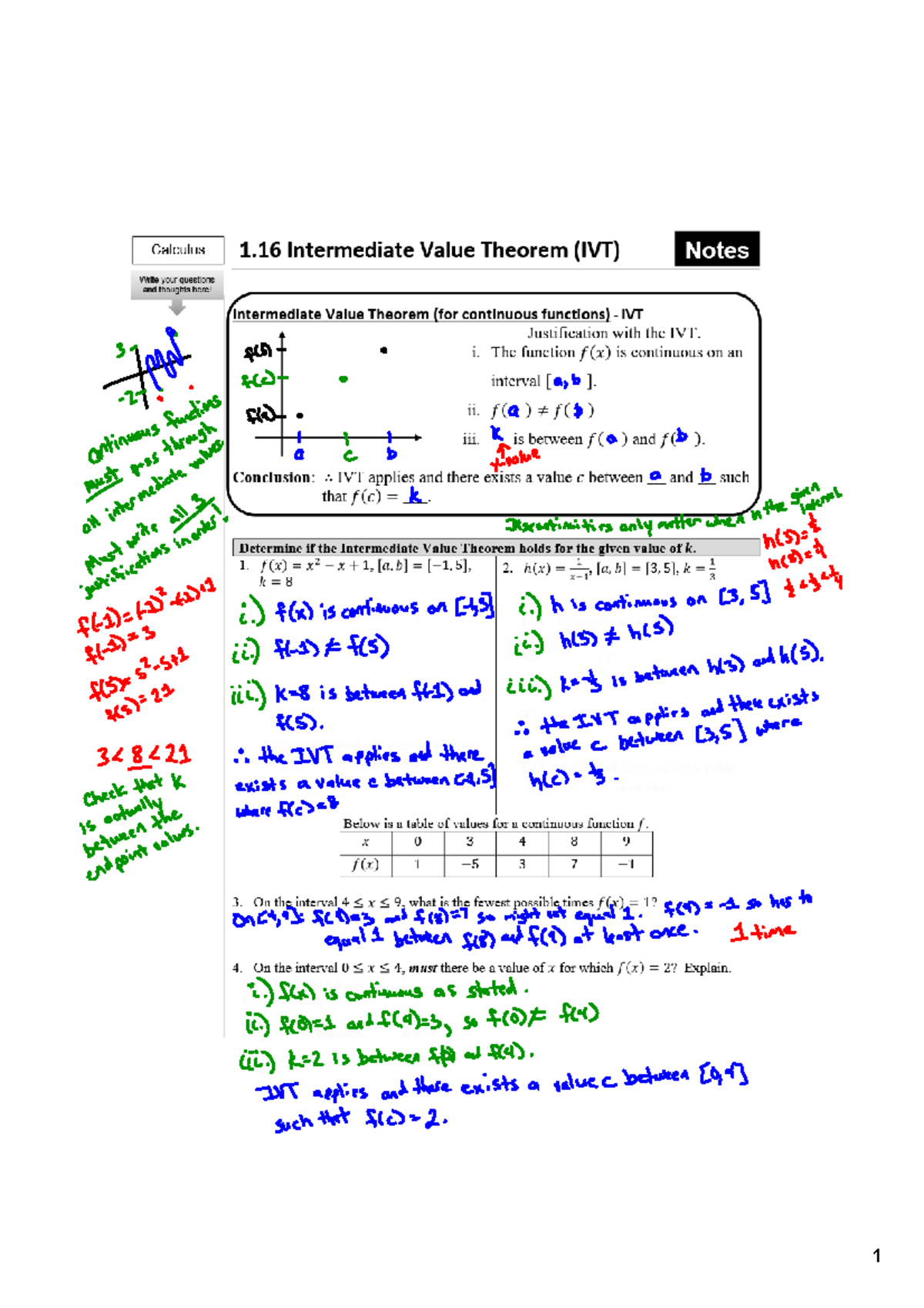 Final Exam Review Notes for Calculus 1.16: Intermediate Value Theorem ...