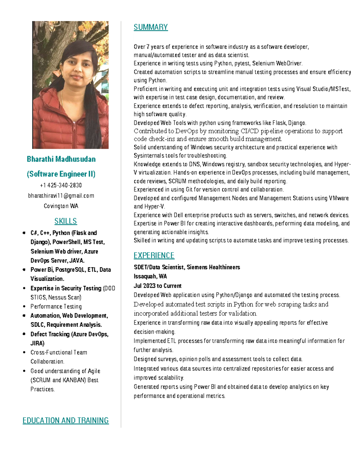 Bharathi Madhusudan Resume SDET - Bharathi Madhusudan (Software Engineer II) +1 425-340- - Studocu