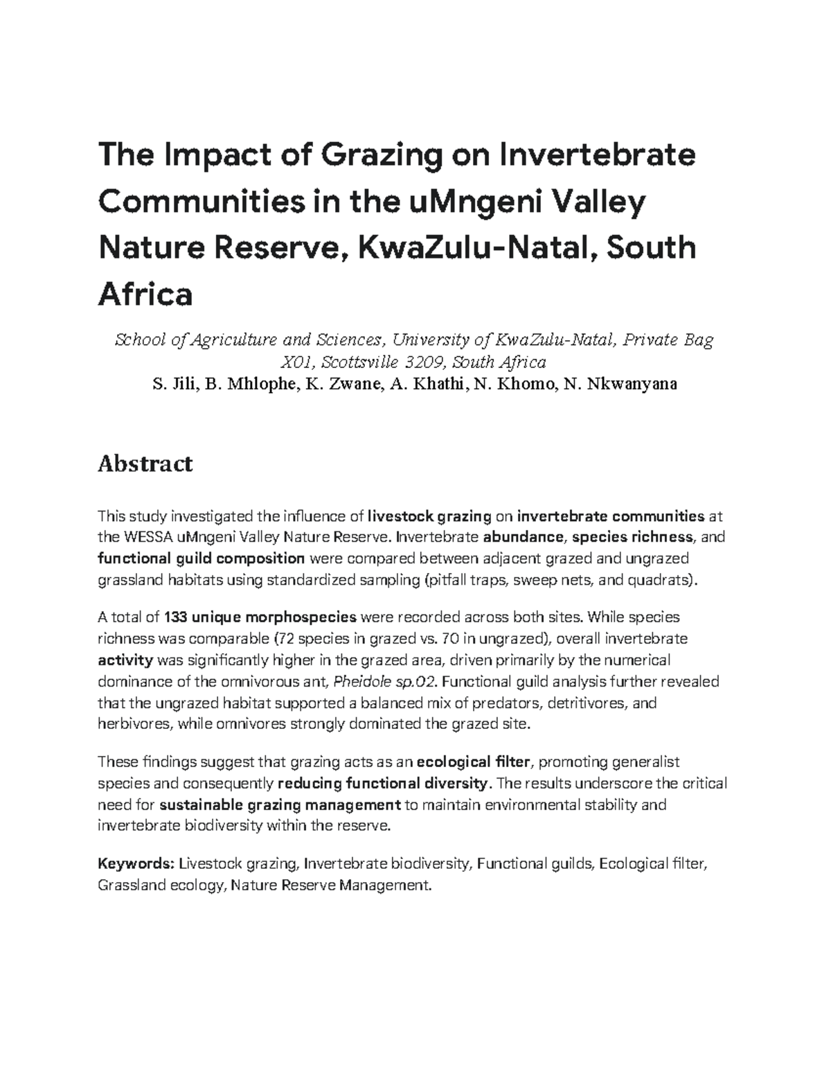 Modified Grazing Impact on Invertebrate Communities in uMngeni Valley ...