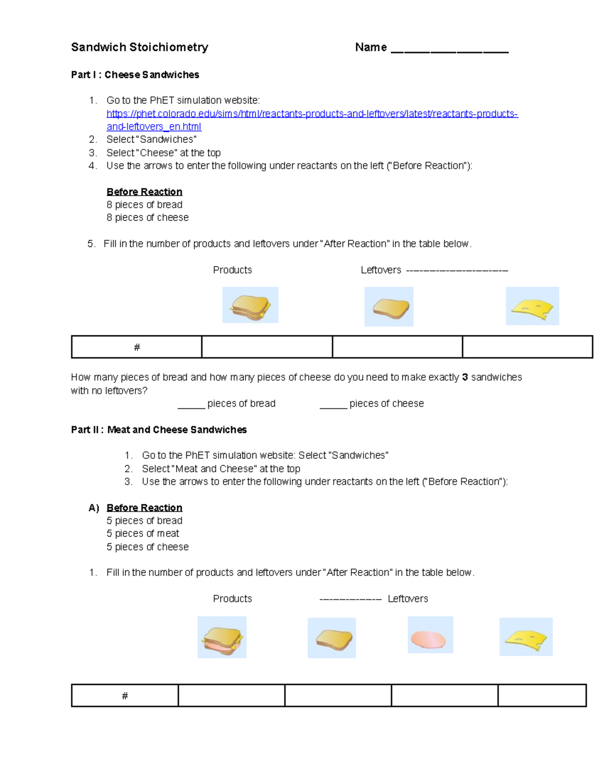 Sandwich Stoichiometry PHET modified - Sandwich Stoichiometry Name ...