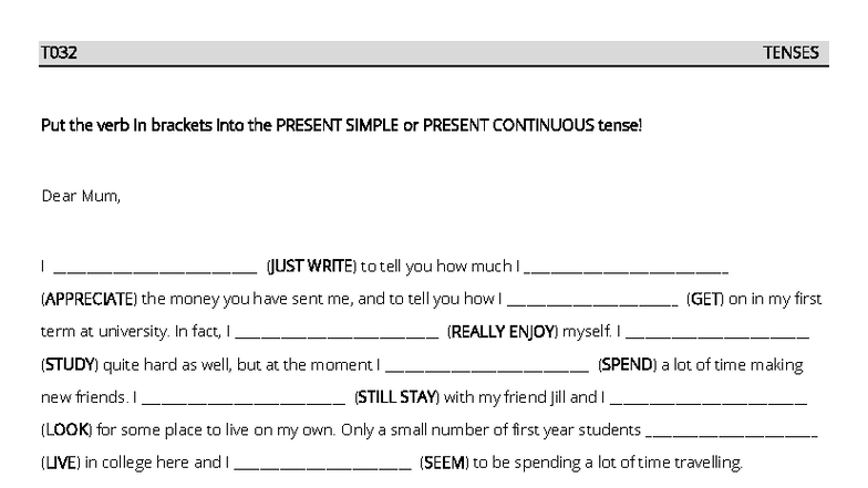T032 Present Simple & Continuous Tenses Practice at University - Studocu