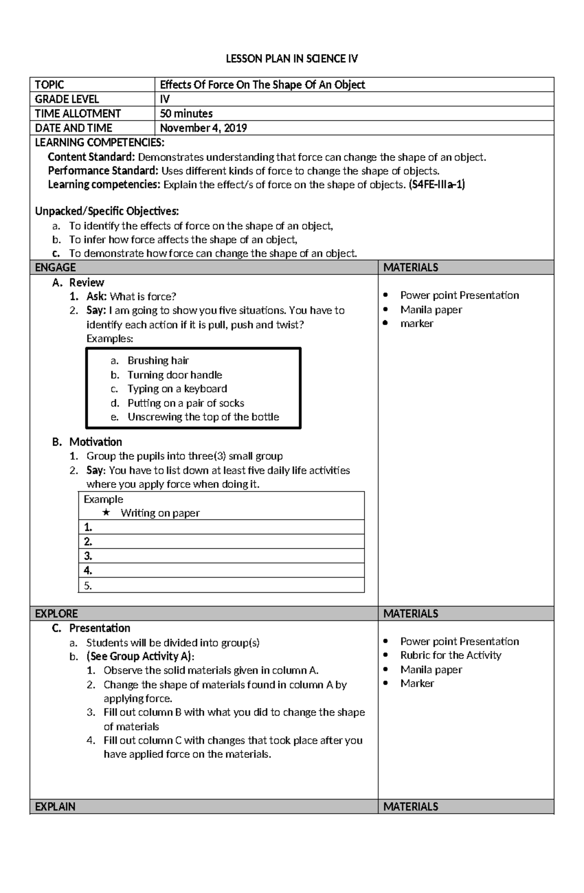 433369253 Lesson Plan: Effects of Force on Object Shape for Grade IV ...