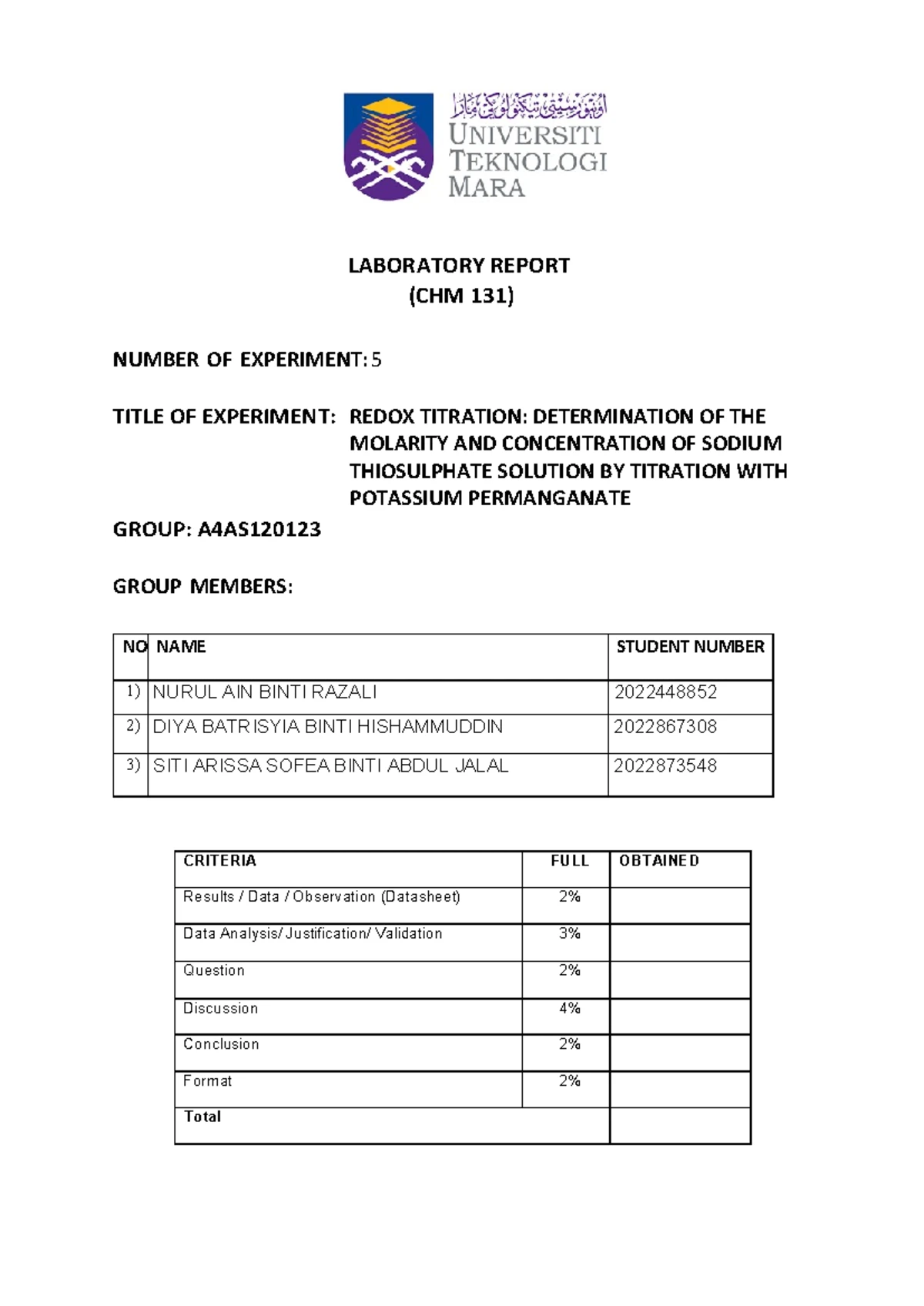 chemistry redox lab report - LABORATORY REPORT (CHM 131) NUMBER OF ...