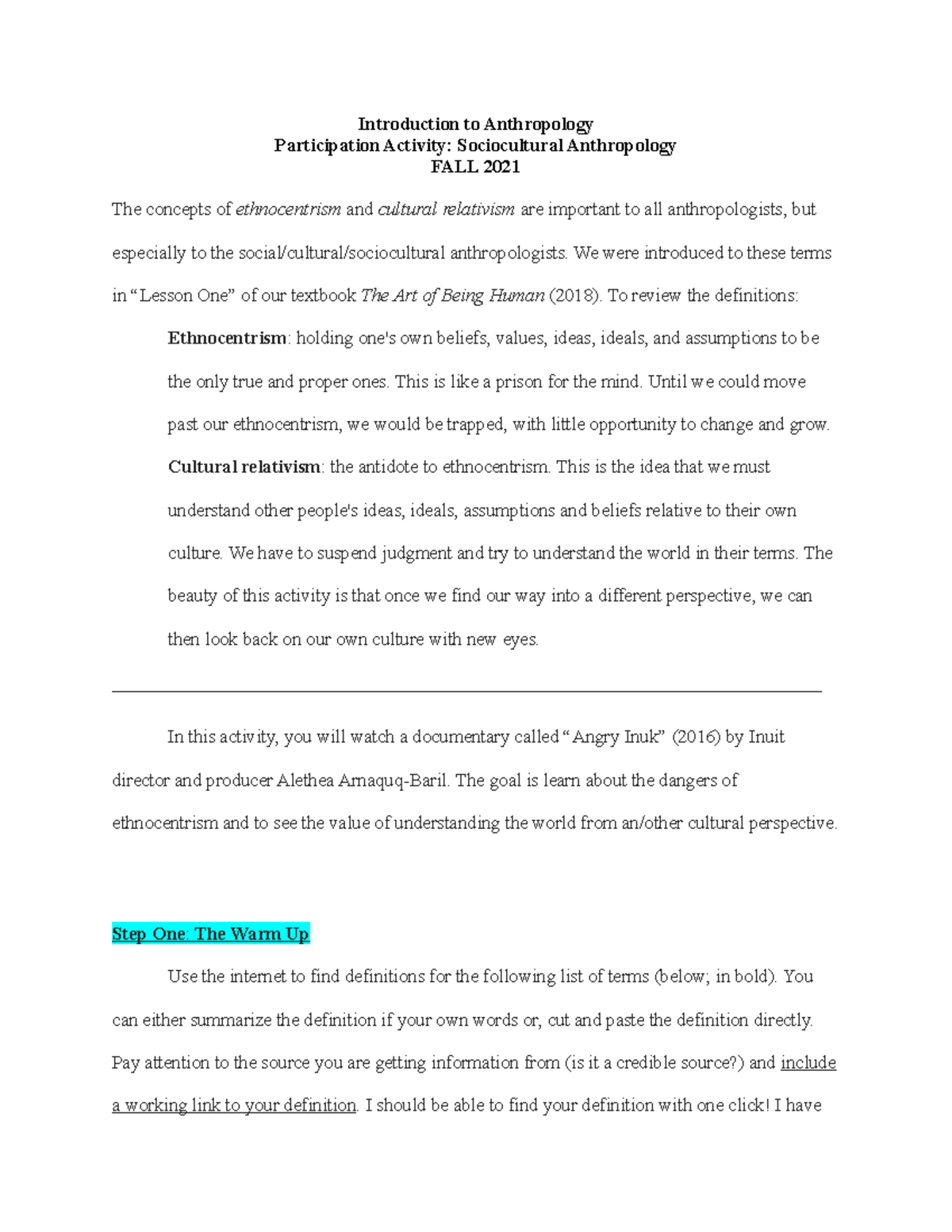 Activity 1 Sociocultural Anthropology 5 - Introduction to Anthropology ...