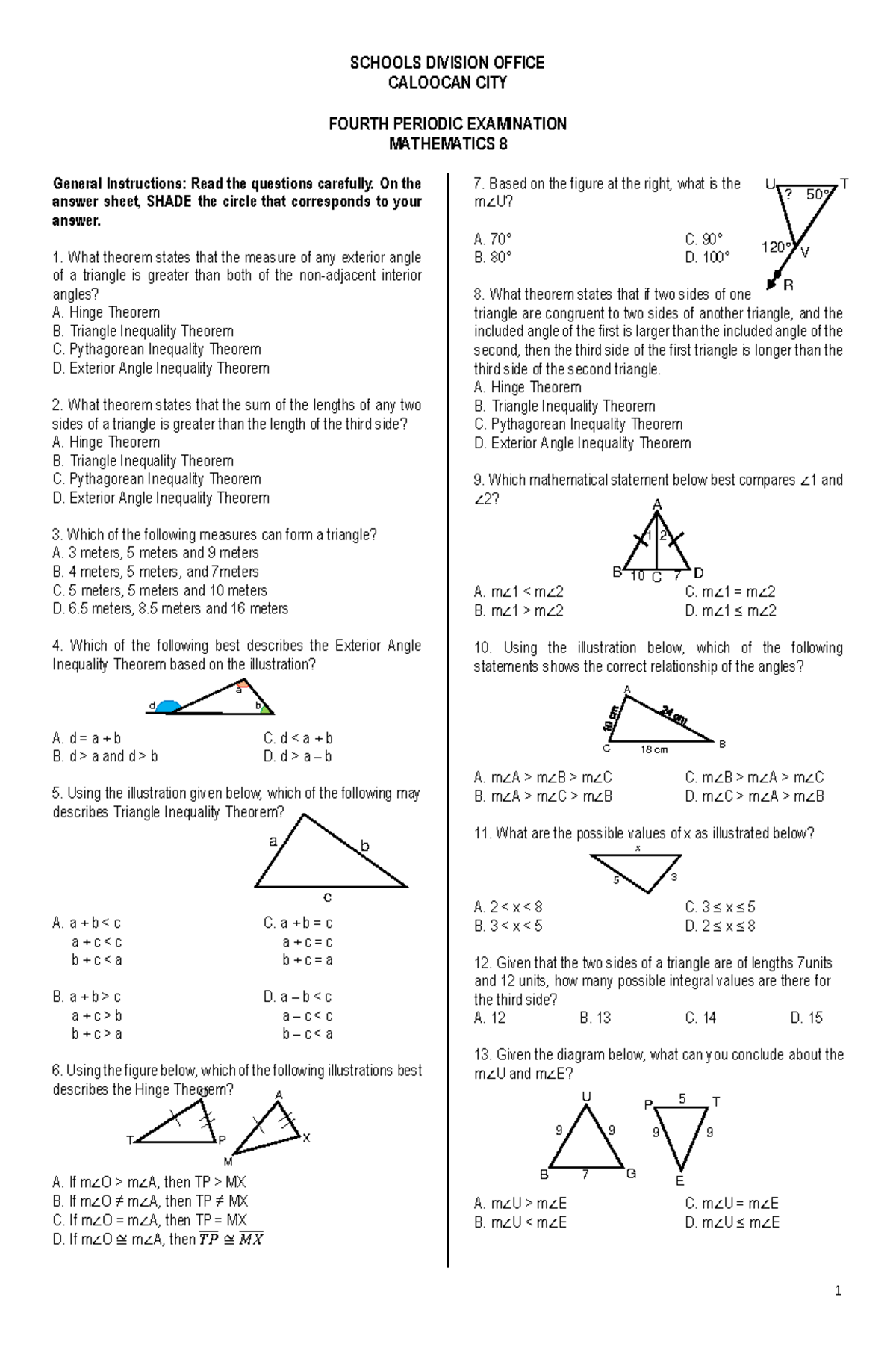 Math-8-1 - 4th Periodic Examination Questions & Answers - Studocu