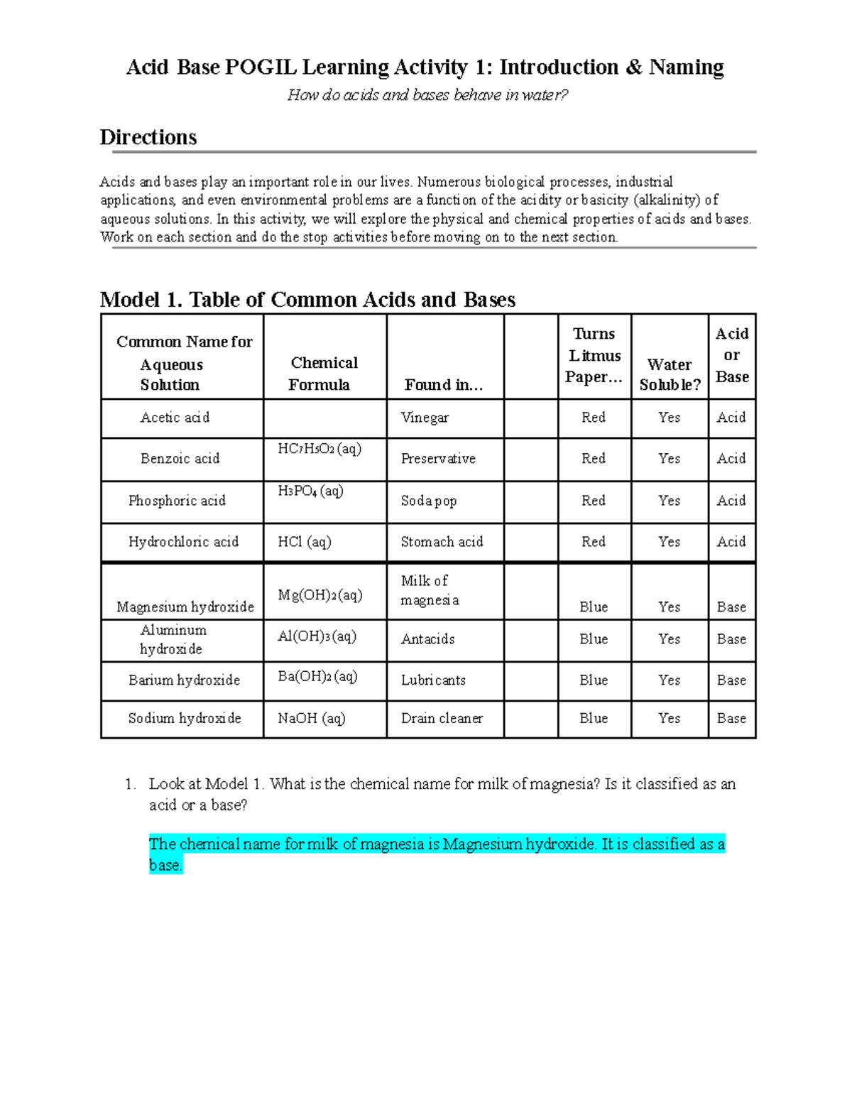 Acids and Bases POGIL Activities: Understanding Properties & pH - Studocu