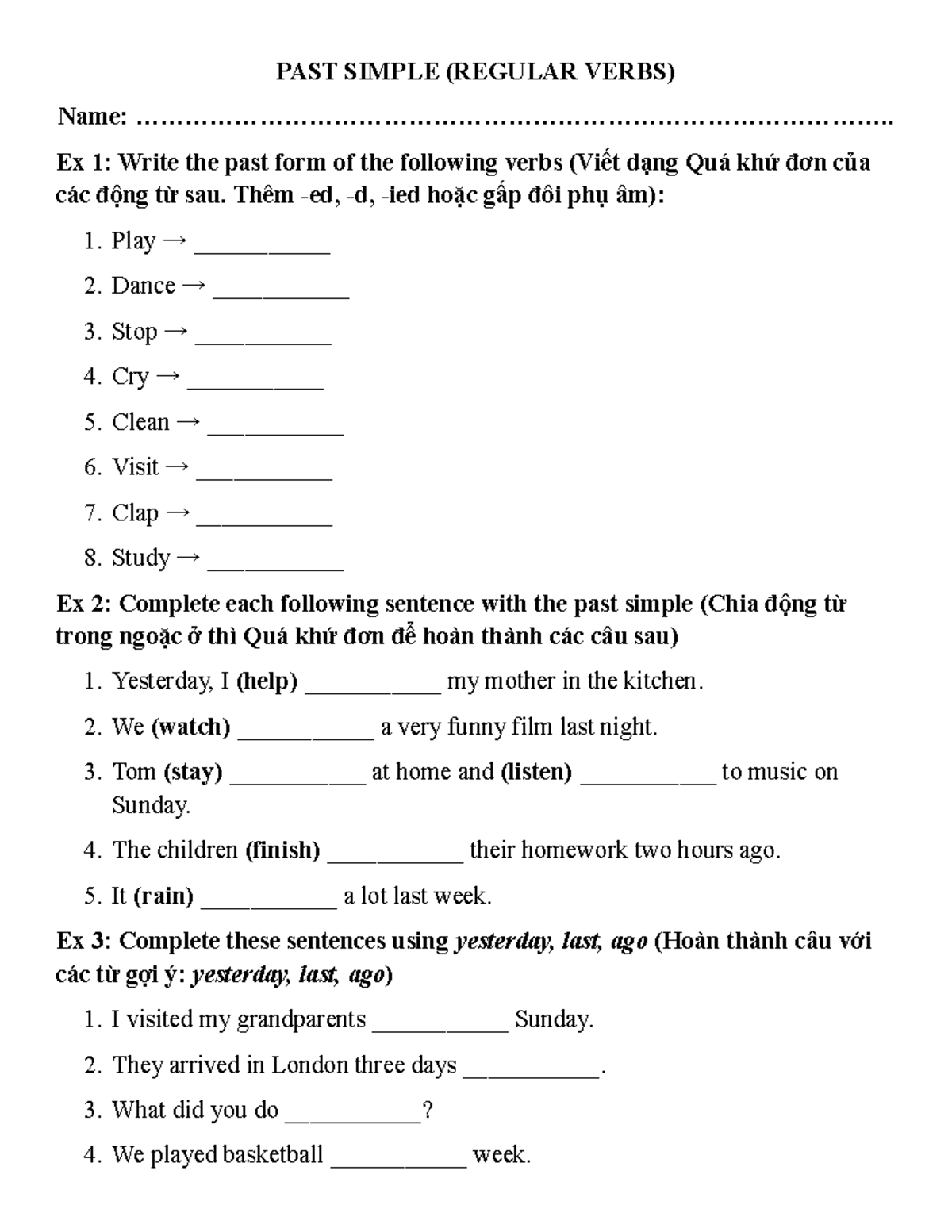 Past Simple Worksheet 1: Regular Verbs Exercises - Studocu
