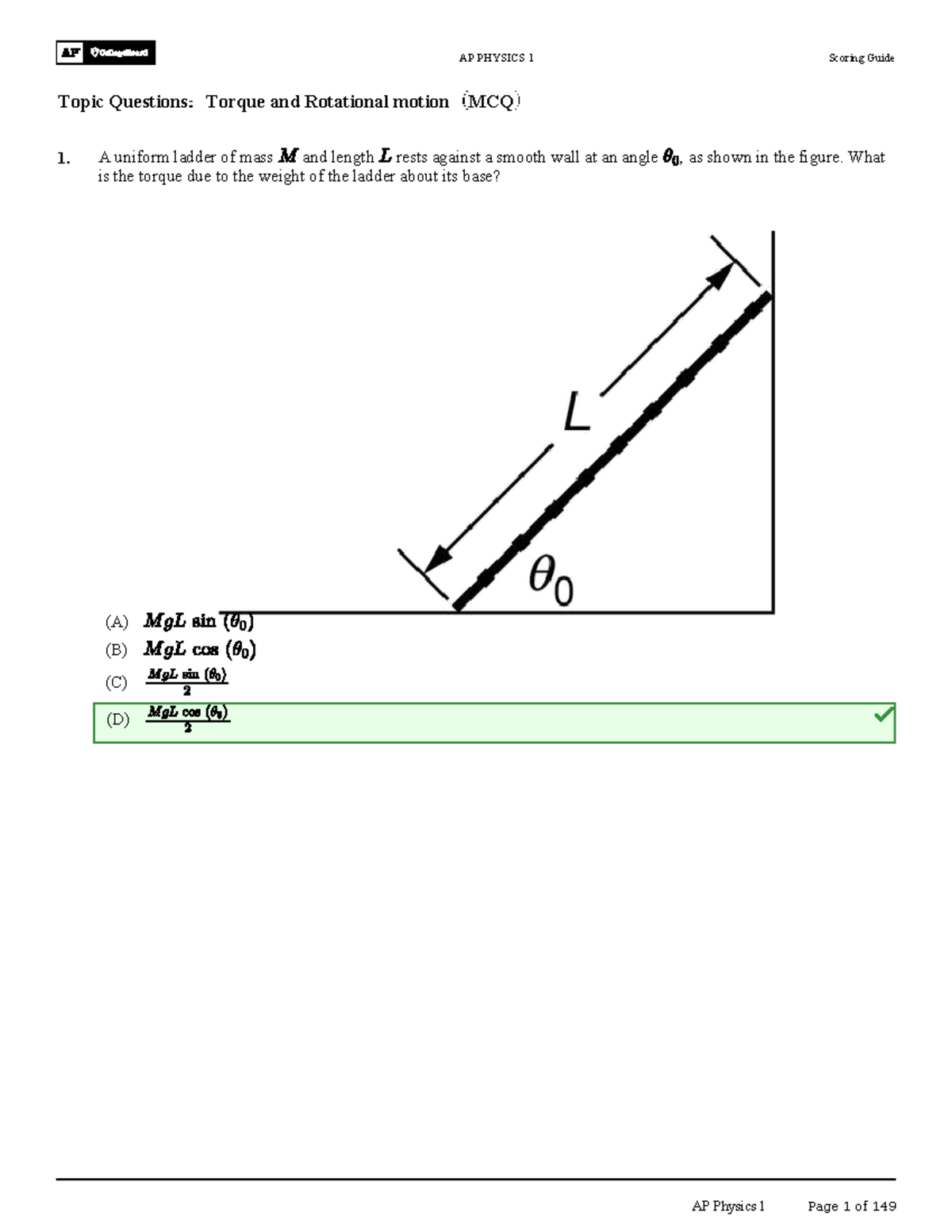 AP PHYSICS 1 Torque Test Scoring Guide on Rotational Motion Concepts ...