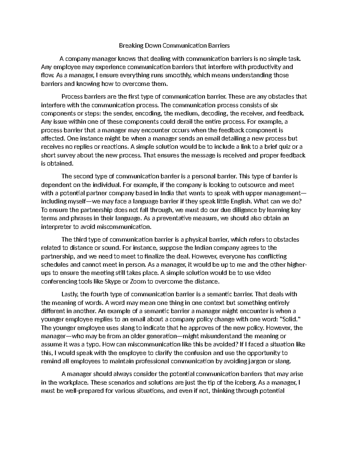 QHT1 Task 4: Overcoming Communication Barriers in Management - Studocu