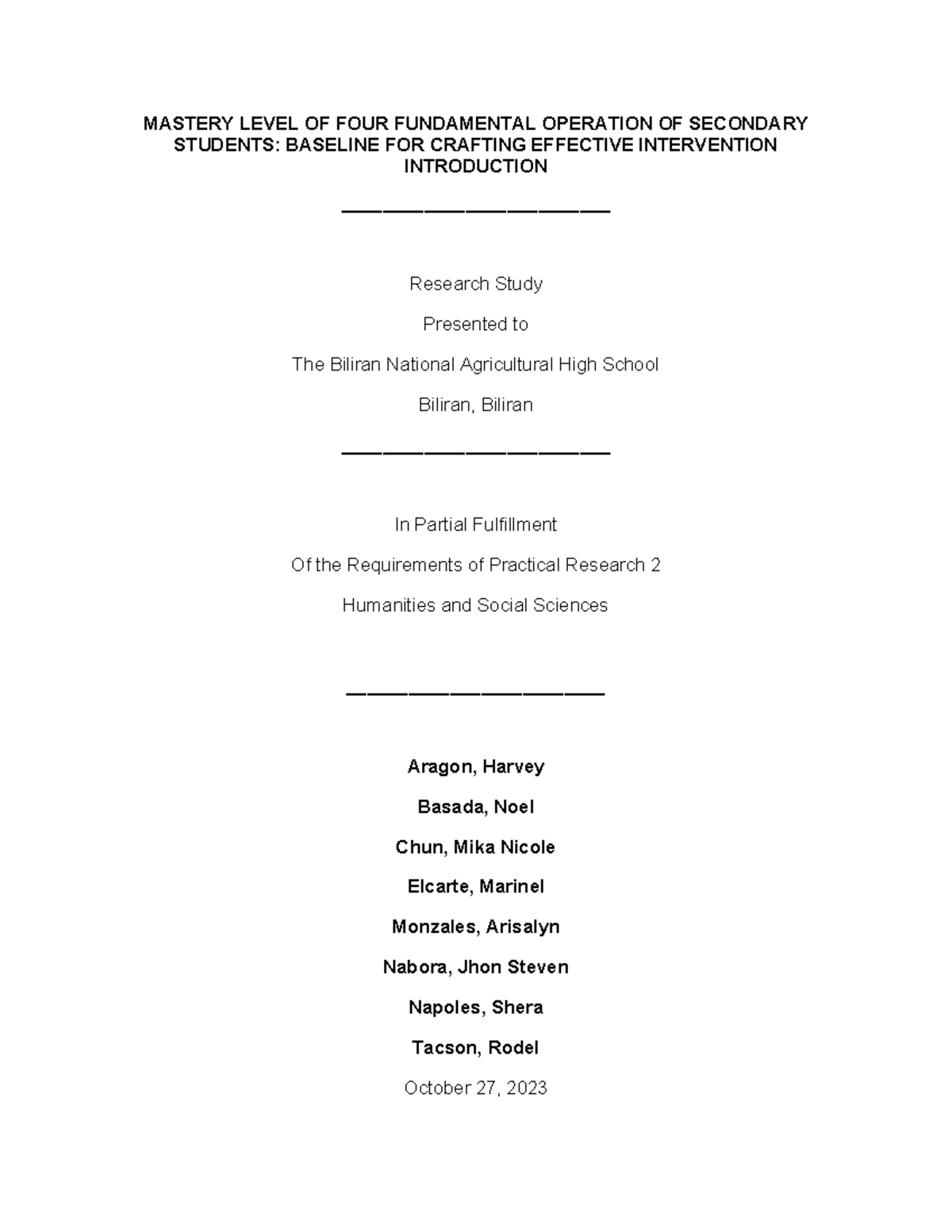 Mastery Level of Four Fundamental Operations: Research for Effective ...