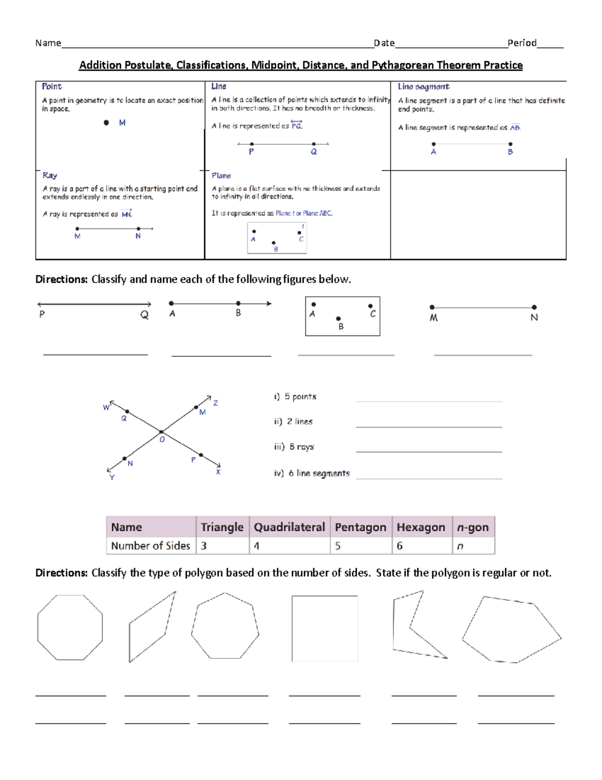 Module 1 Review: Addition Postulate, Midpoint, and Distance Practice ...