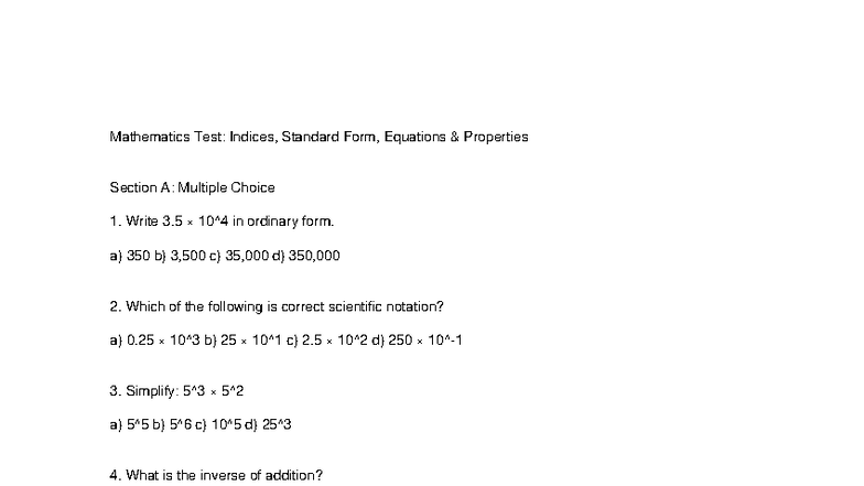 Math Test: Review for Grade 8 Term 1 - Indices & Scientific Notation ...