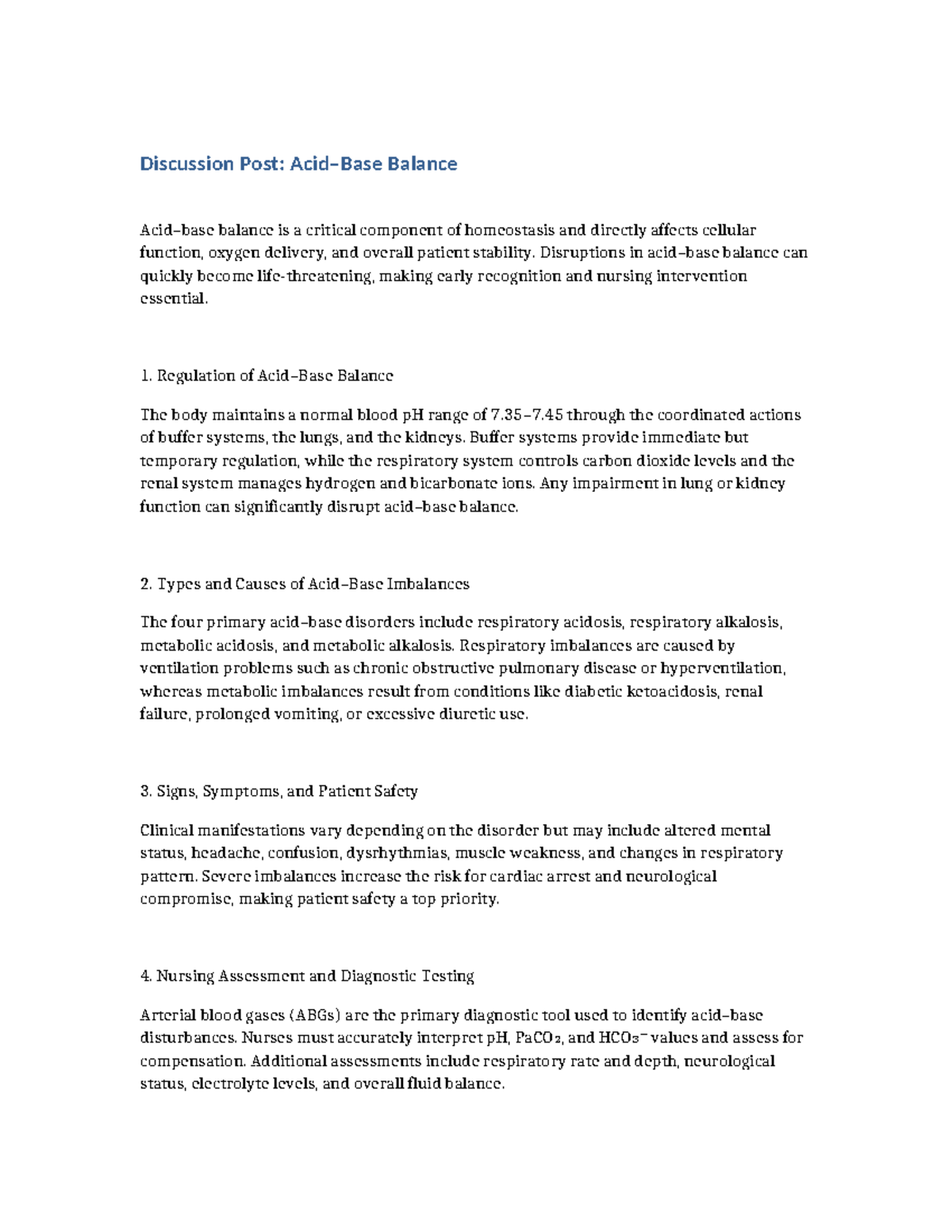 Acid-Base Balance Discussion Post: Key Concepts and Nursing ...