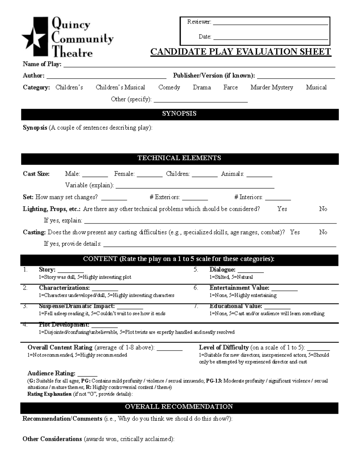 Play Reading Committee Evaluation Sheet: Candidate Play Review - Studocu