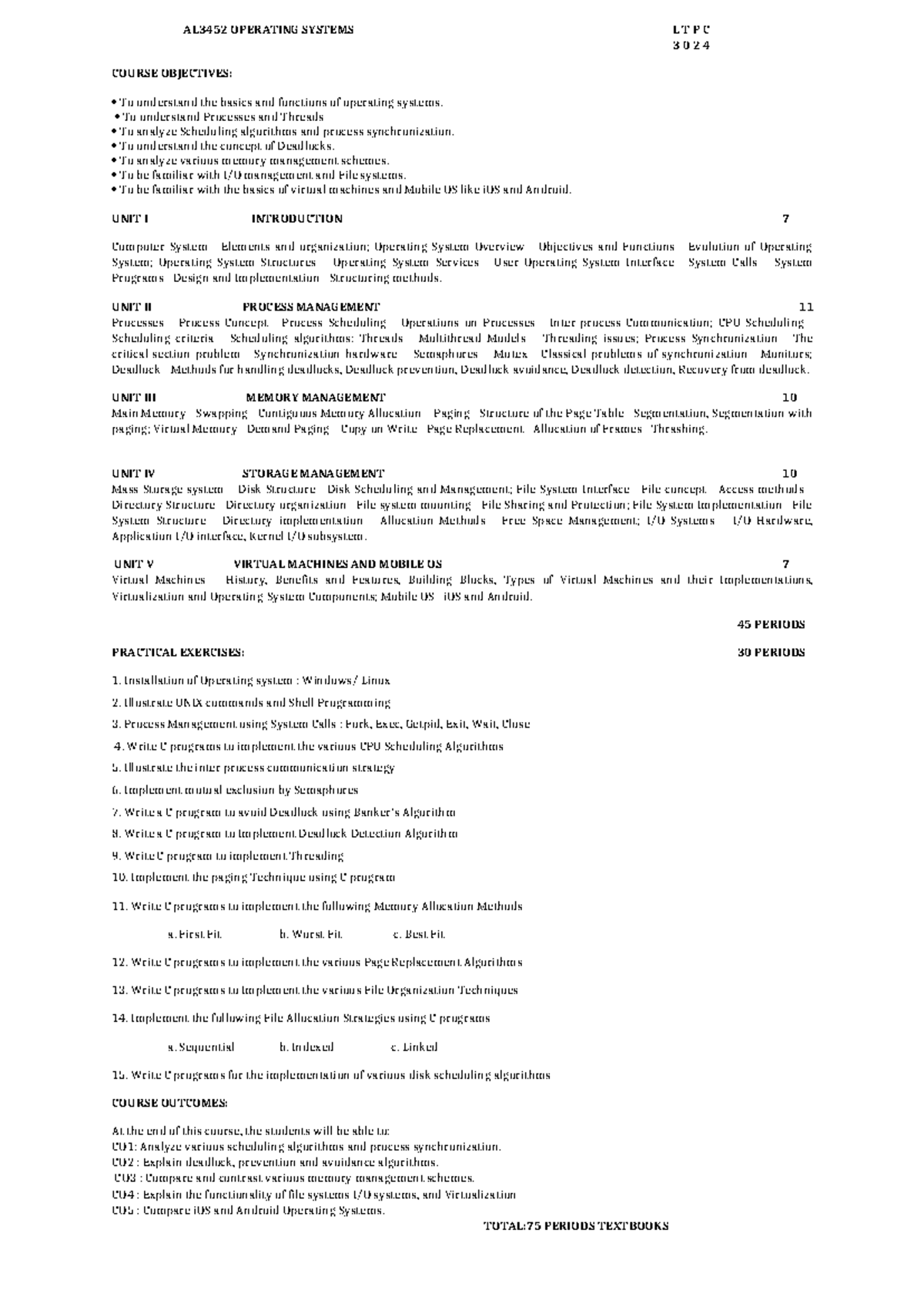 AL3452 Operating Systems Syllabus and Course Outline - Studocu