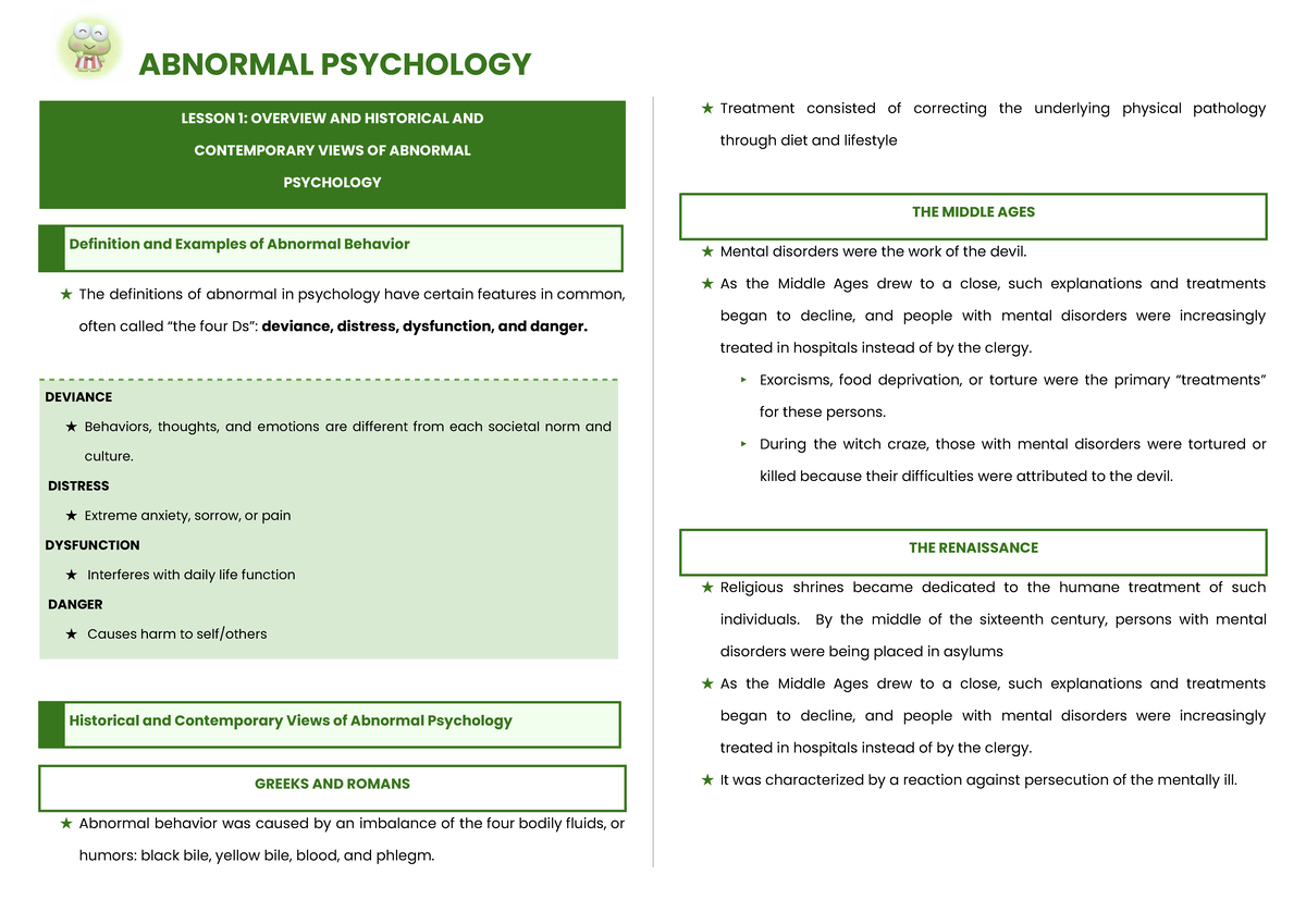 ABNORMAL PSYCHOLOGY LESSON 1: HISTORICAL AND CONTEMPORARY VIEWS - Studocu