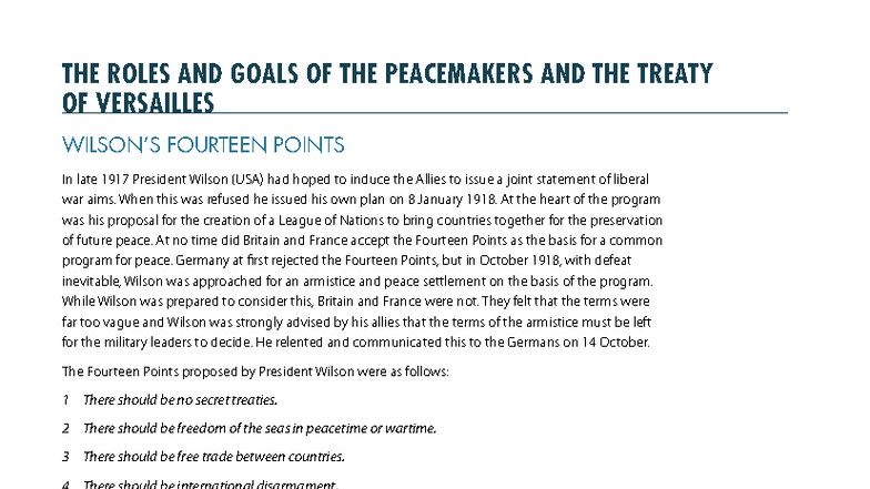 The Roles and Goals of Peacemakers: The Treaty of Versailles & Wilson's ...