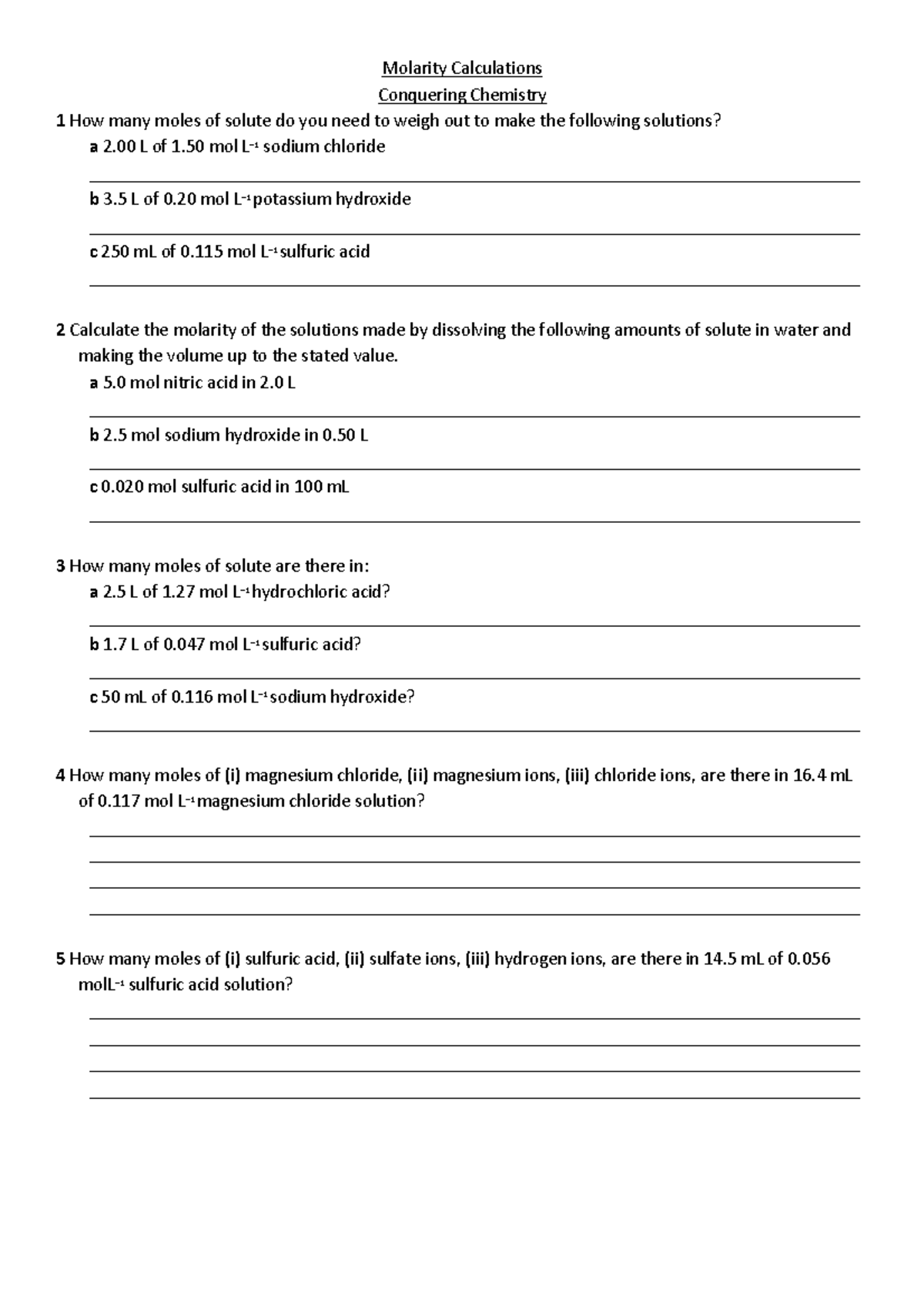 Molarity Calculations Worksheet for Chemistry 1 - Studocu