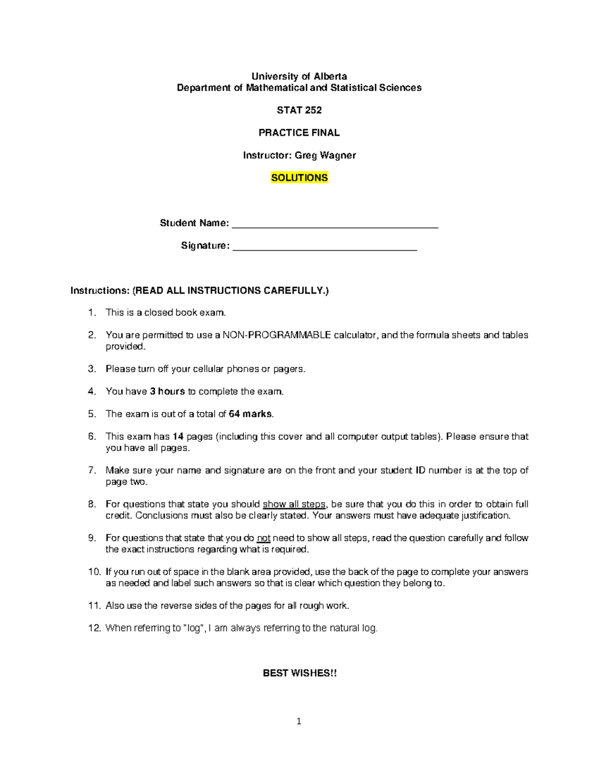 STAT 252 Practice Final Exam Solutions - University of Alberta - Studocu