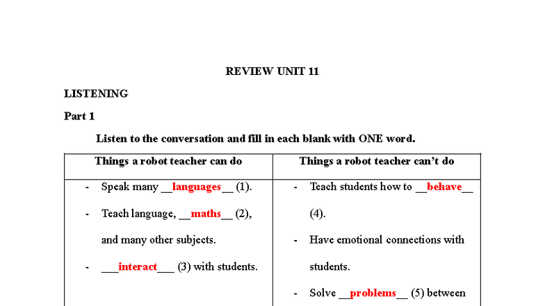 Review UNIT 11 Grade 8 KEY - REVIEW UNIT 11 LISTENING Part 1 Listen to ...