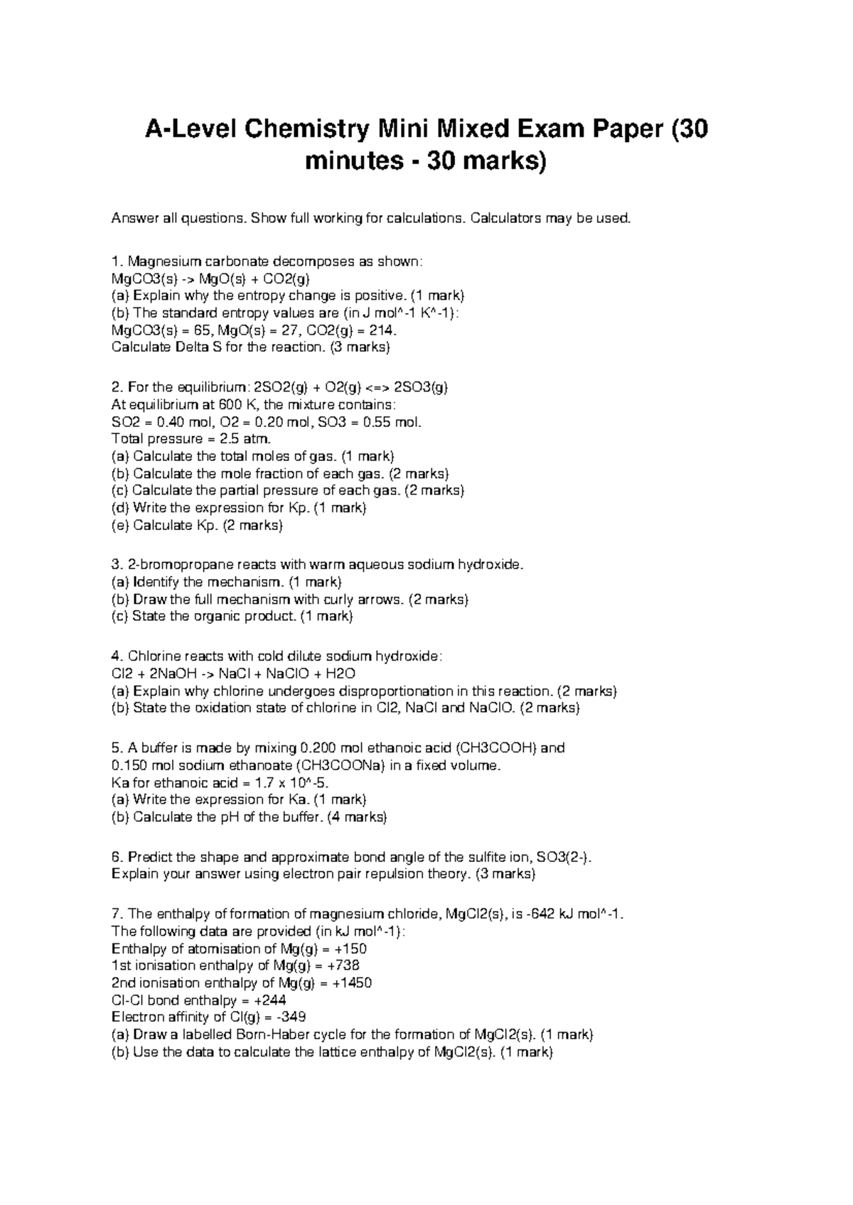 Chemistry 1: Mini Mixed Exam Paper (30 mins, 30 marks) - Studocu