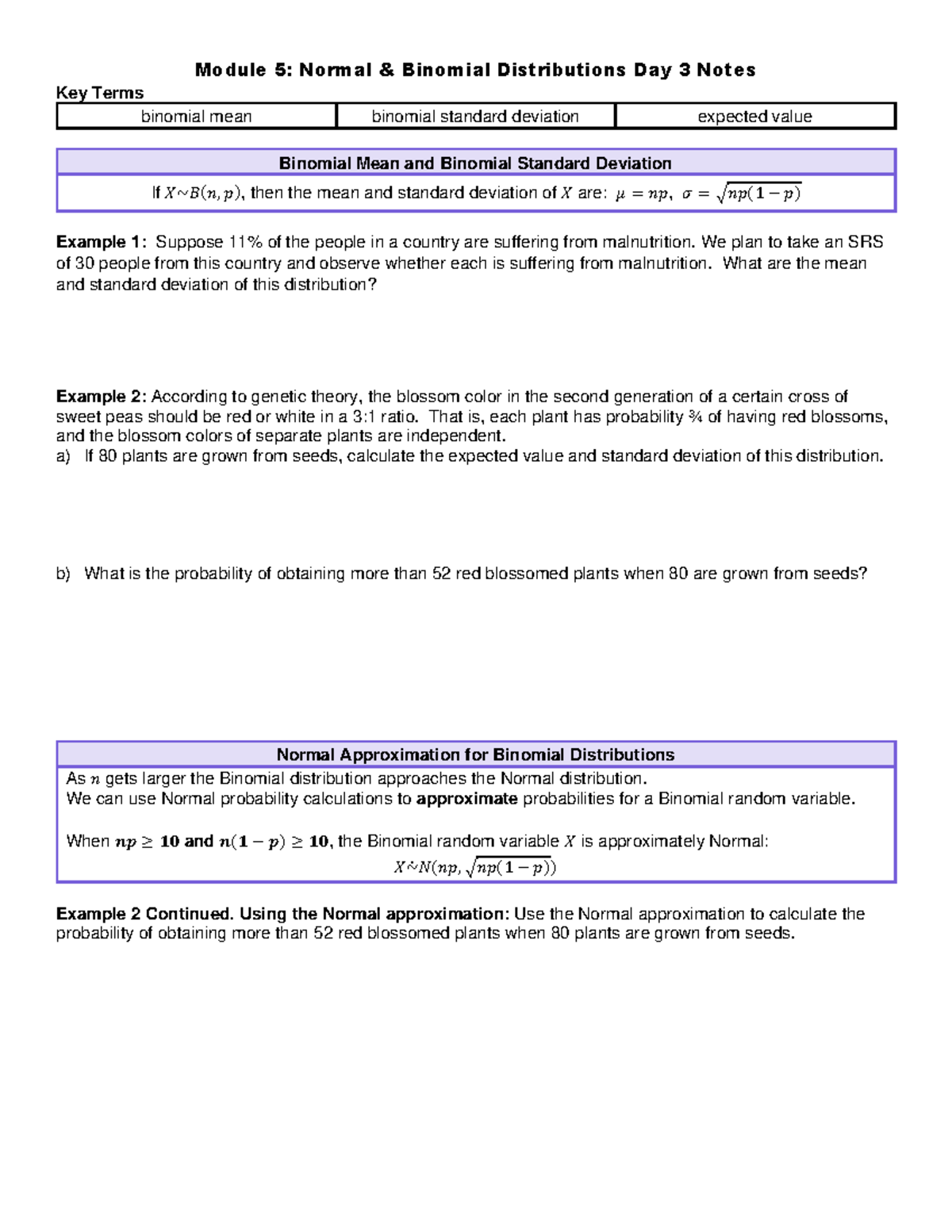 Module 5: Normal & Binomial Distributions Day 3 Notes and Examples ...