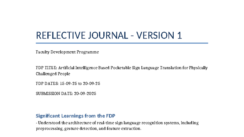 FDP Reflection Journal: AI Sign Language Translation Insights - Studocu