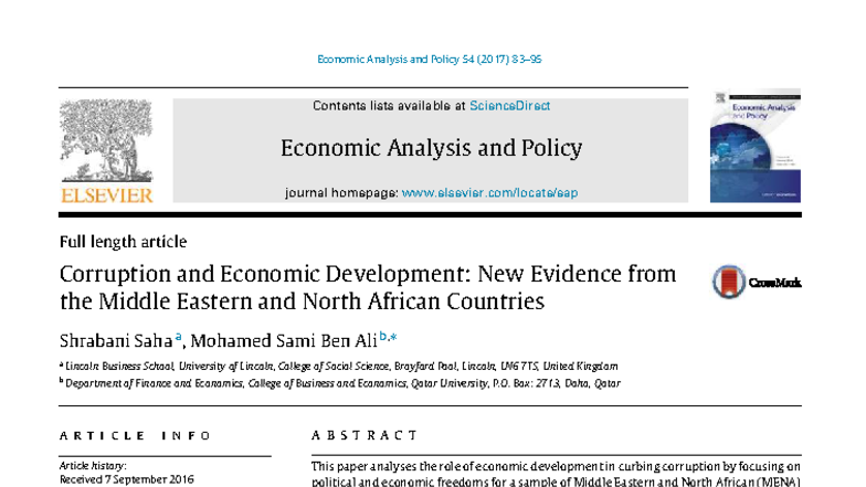Corruption and Economic Development: Insights from MENA Countries (EAP 54) - Studocu