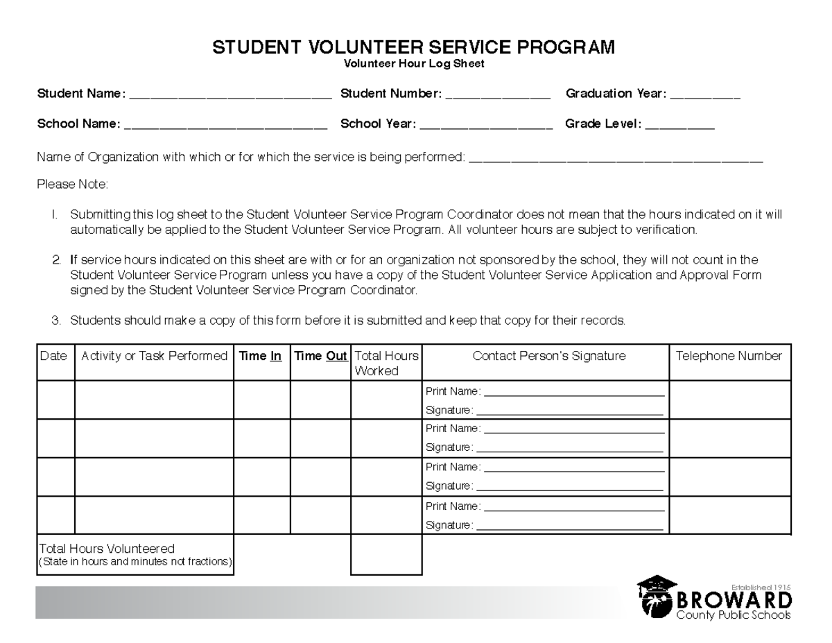 Broward County Volunteer Hour Log Sheet for Student Service Program ...
