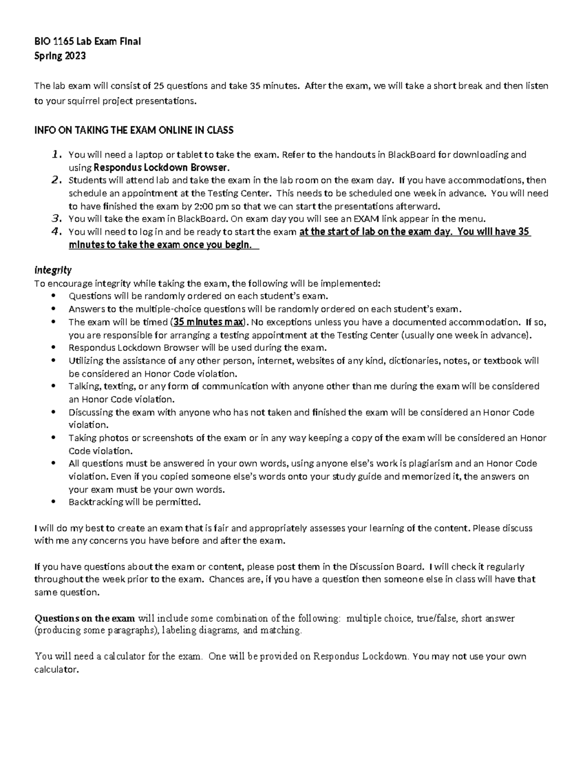 Lab Exam - Final - Review Spring 2023 - BIO 1165 Lab Exam Final Spring ...