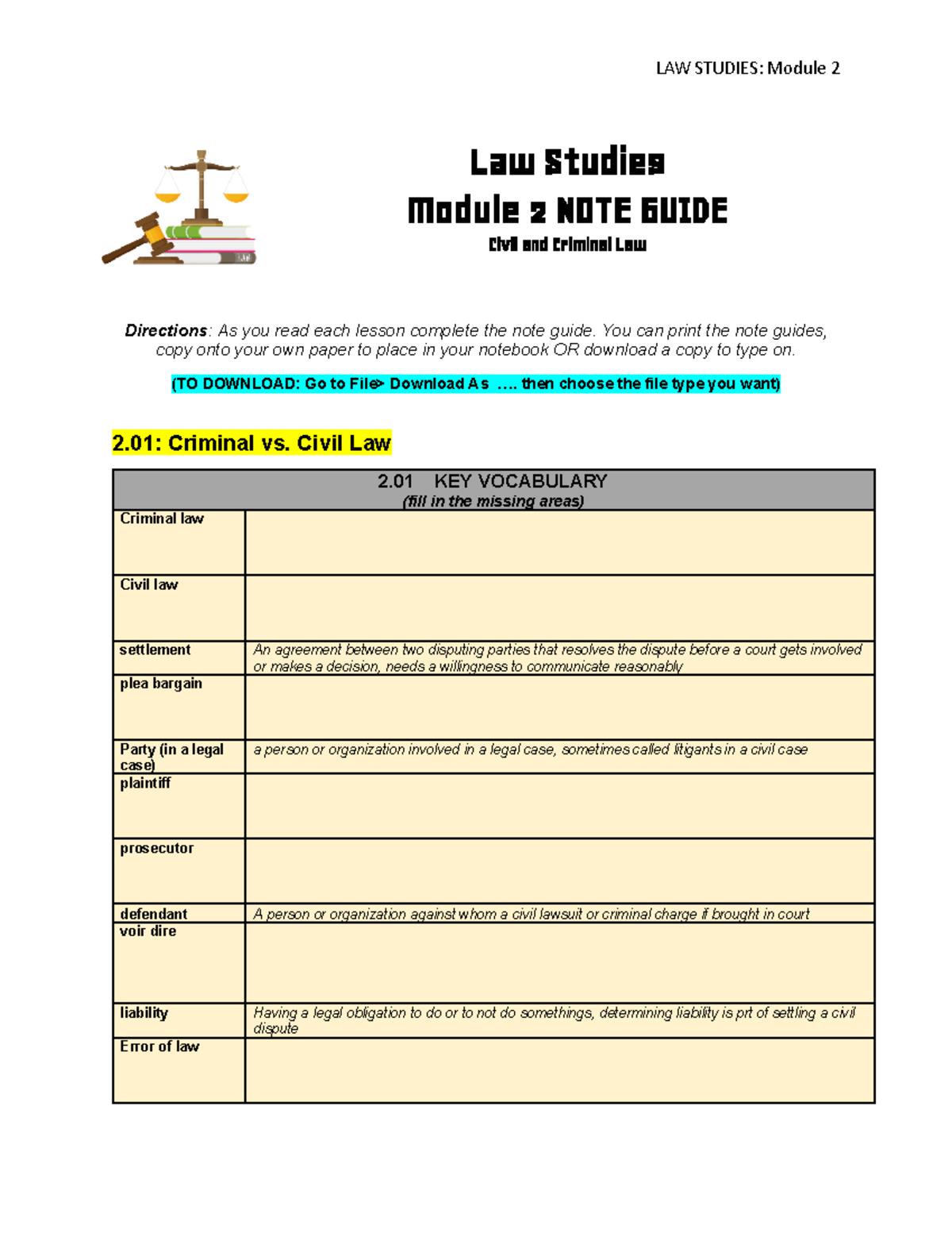 Law Studies: Module 2 Note Guide on Civil and Criminal Law - Studocu