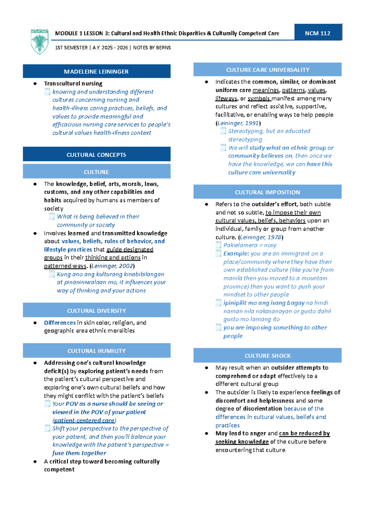NCM 112 Module 1 Lesson 3: Cultural Competence in Health Care - Studocu