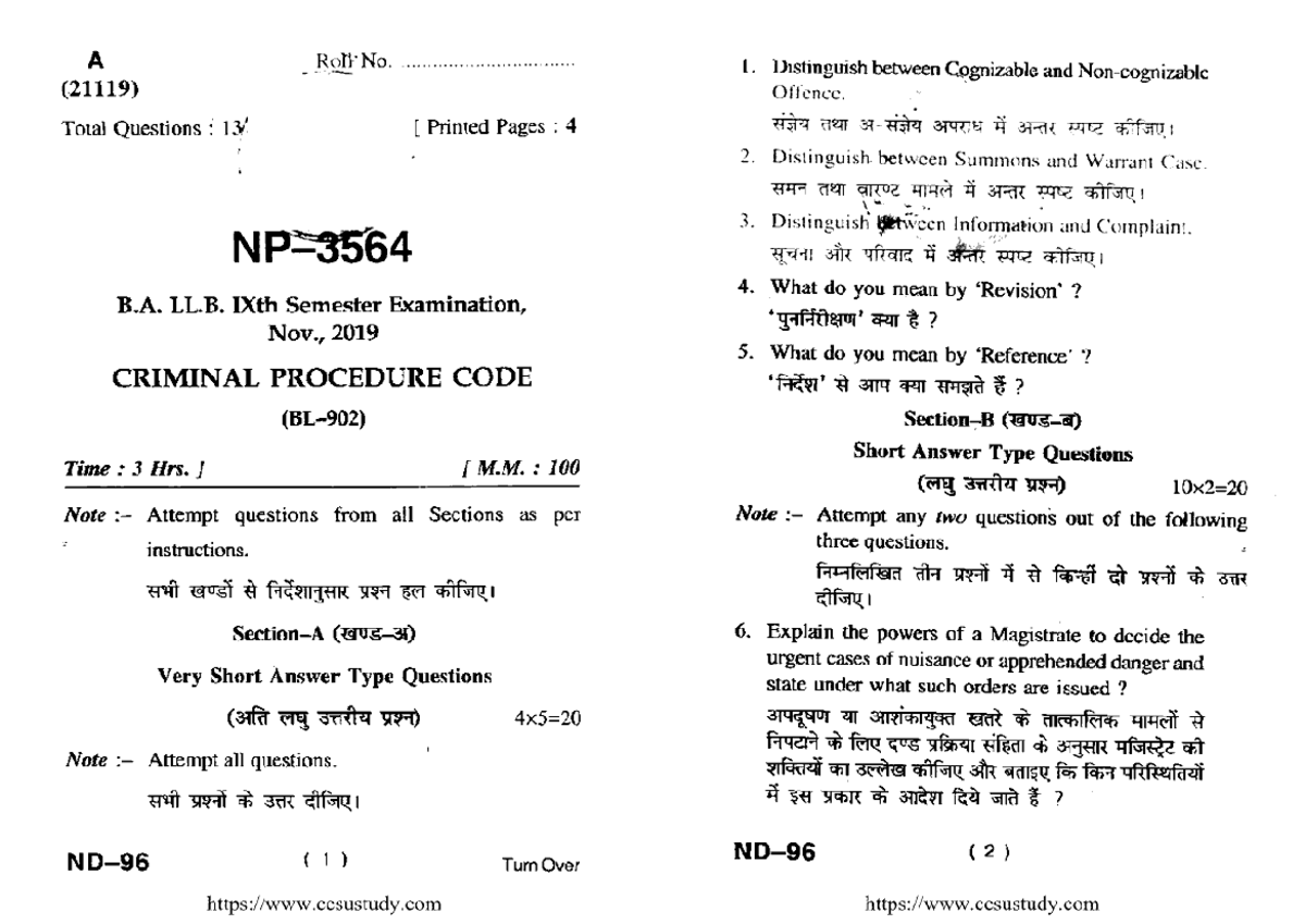 Criminal procedure code - A Roll No. 1. Distinguish between Cognizable ...