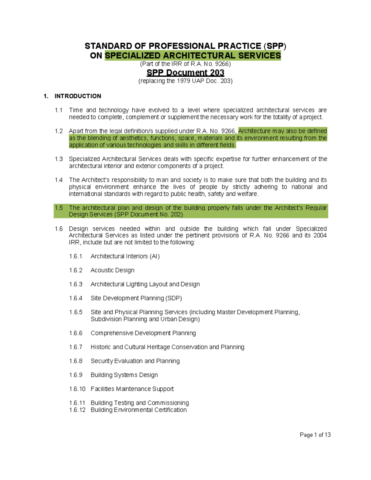 SPP 203 - Educational - STANDARD OF PROFESSIONAL PRACTICE ( SPP ) ON SPECIALIZED ARCHITECTURAL ...