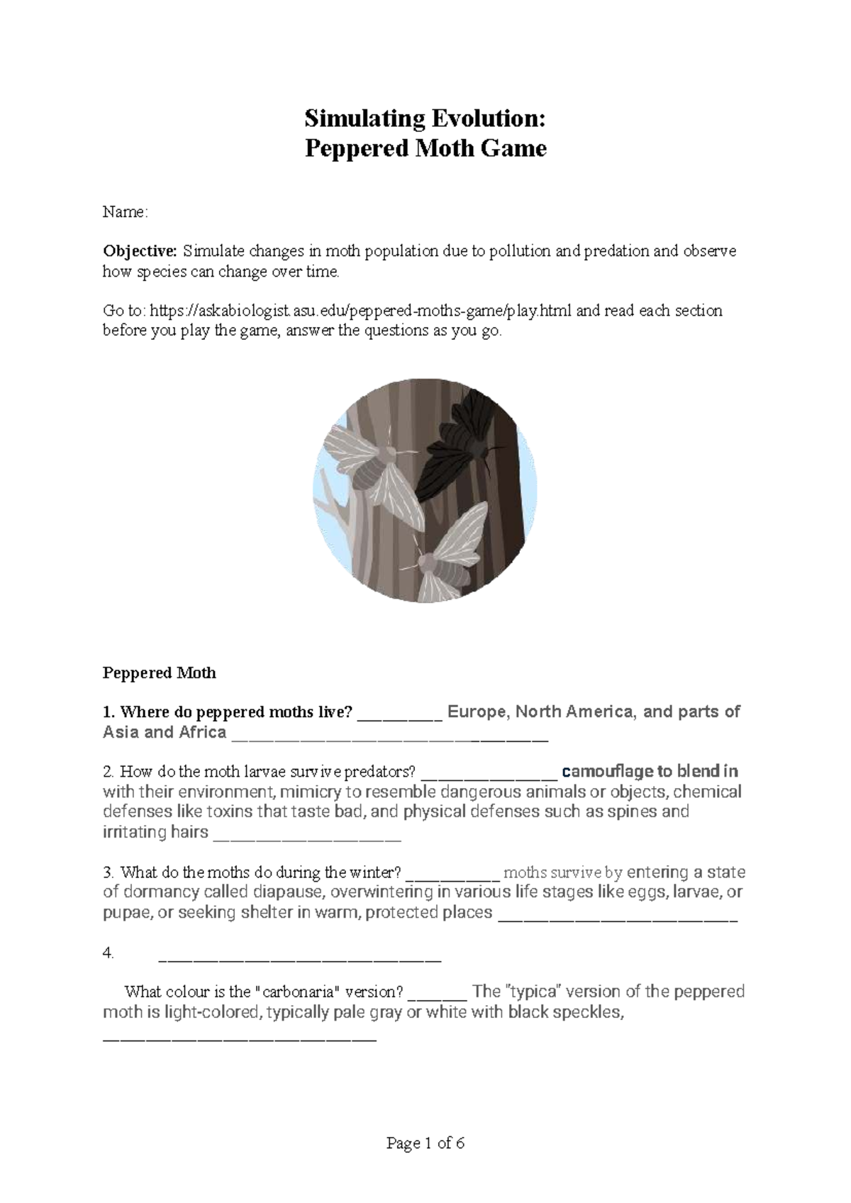 4.3 Simulating Evolution: Peppered Moth Game Worksheet - Studocu