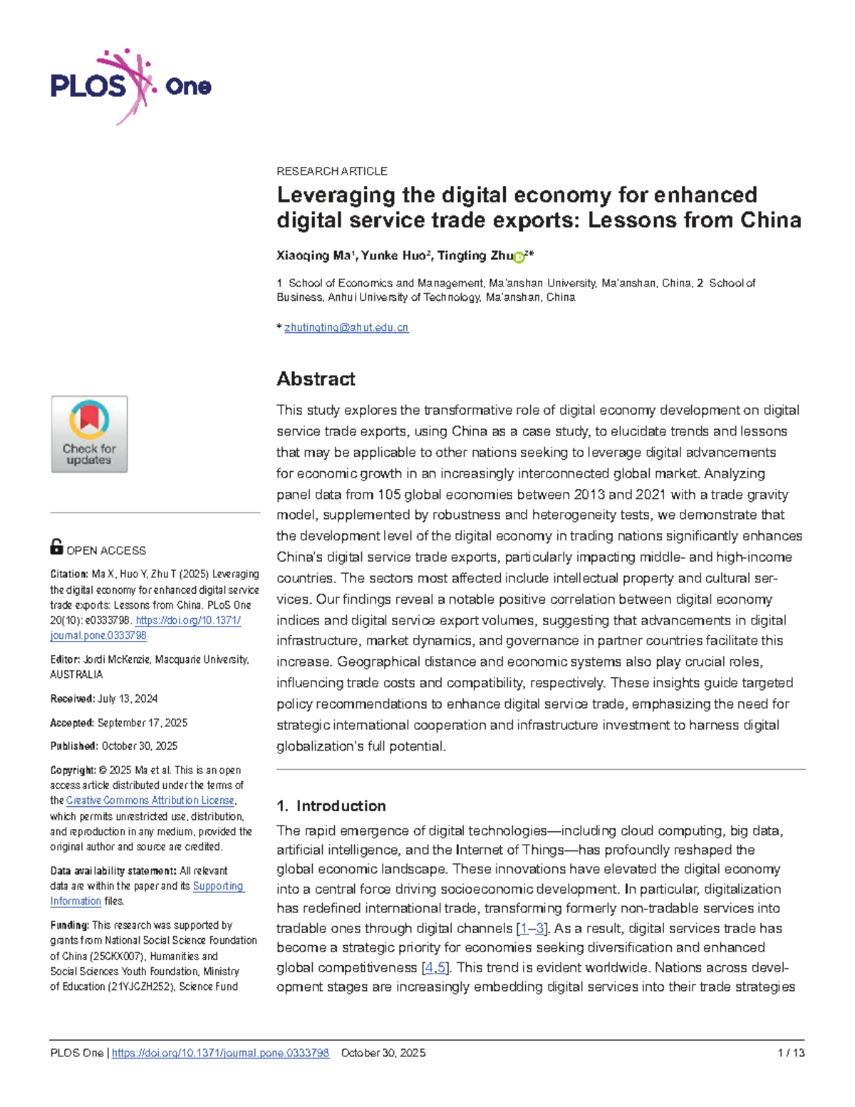 PLOS One Research Article: Digital Economy & Service Trade Exports in ...