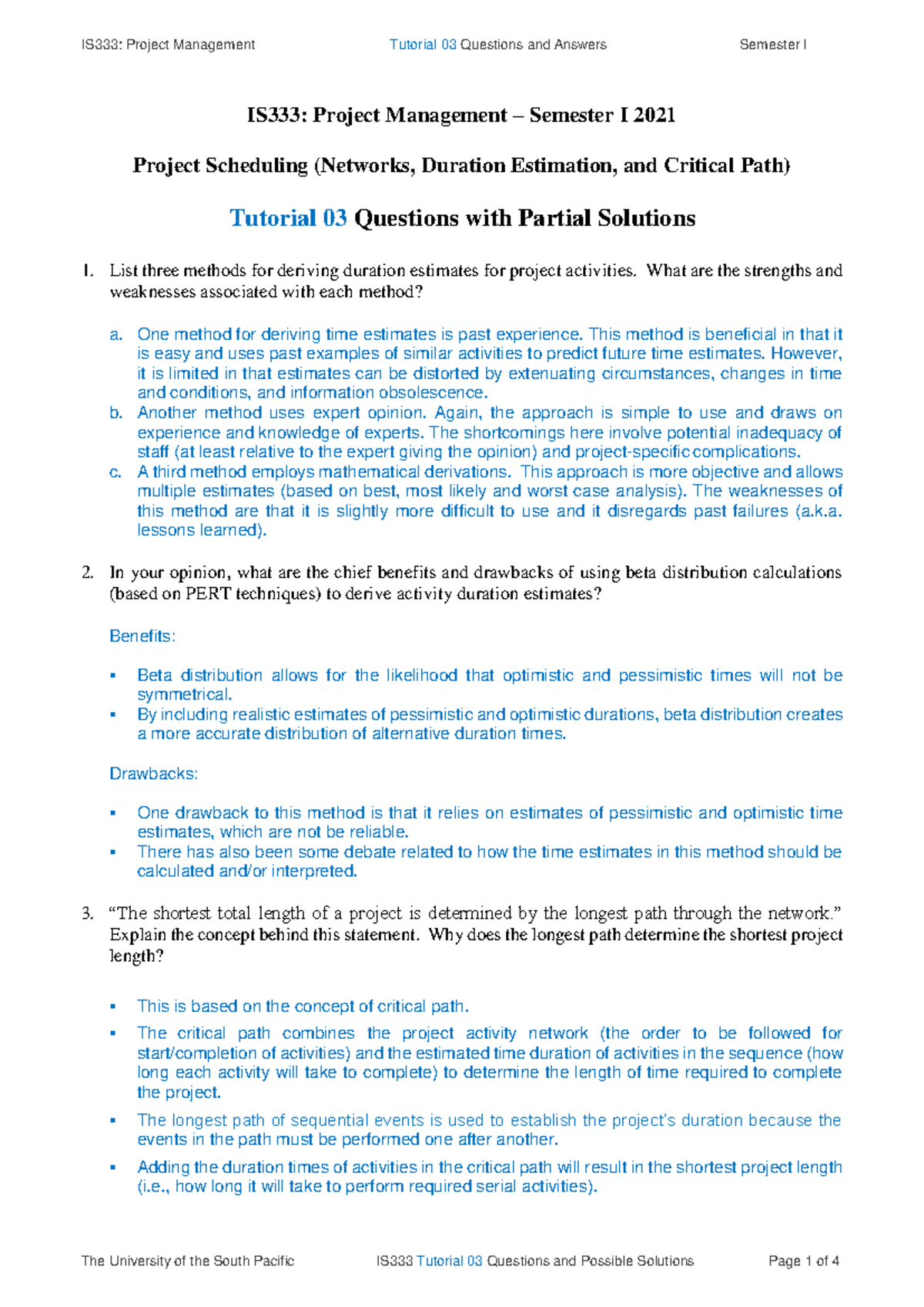 IS333: Project Management Tutorial 03 - Questions & Partial Solutions ...
