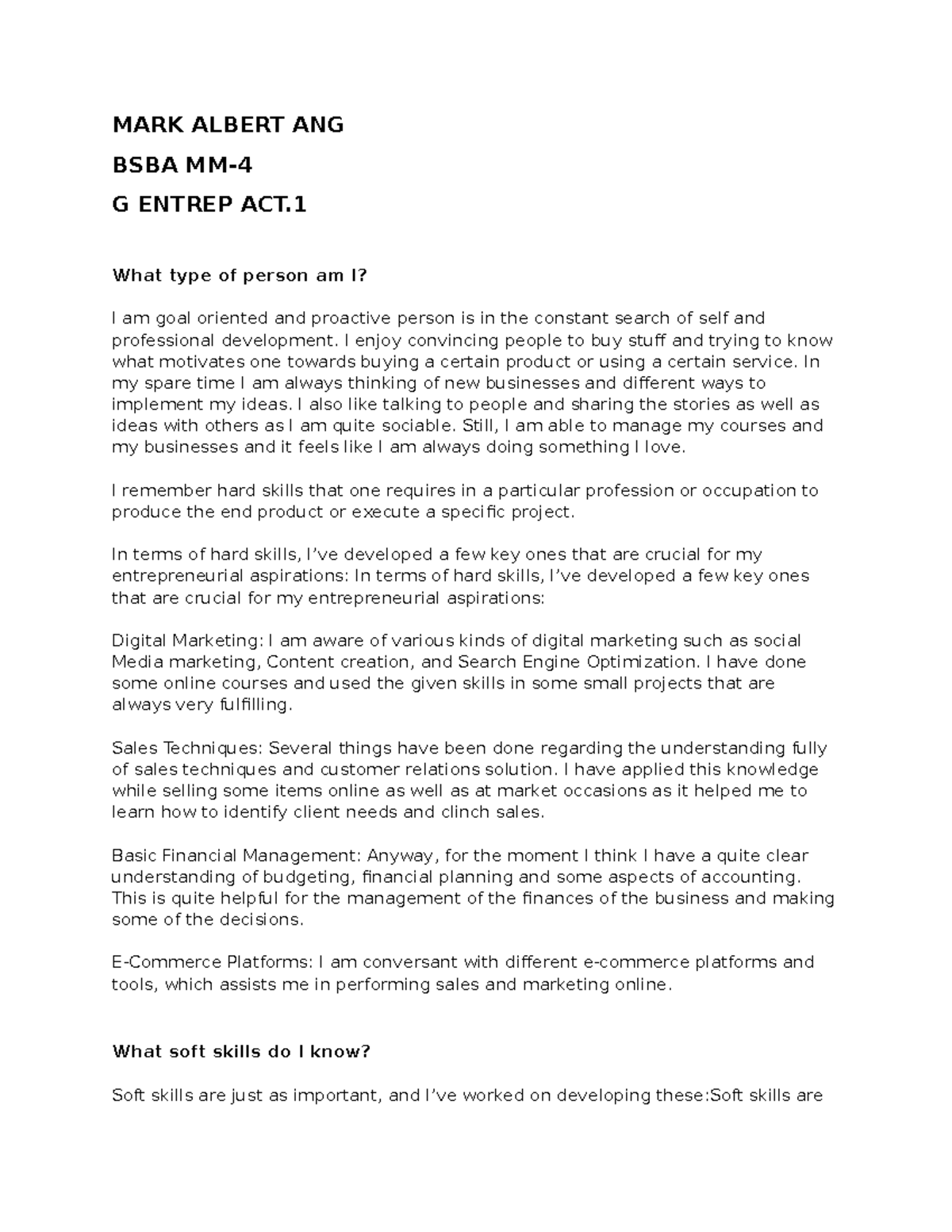 ANG, MARK G Entrep ACT. 1 - MARK ALBERT ANG BSBA MM- G ENTREP ACT. What ...