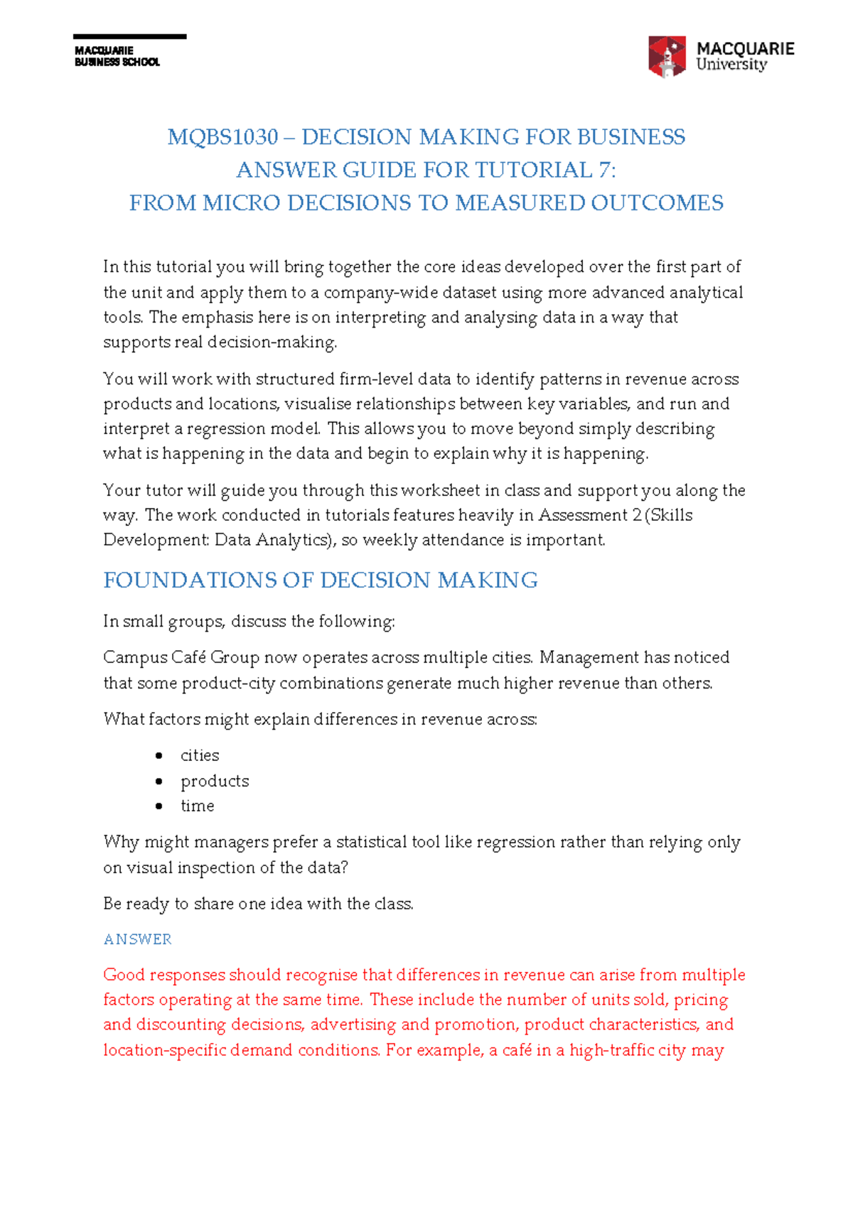 MQBS1030 Tutorial 7: Decision Making & Data Analysis Guide - Studocu