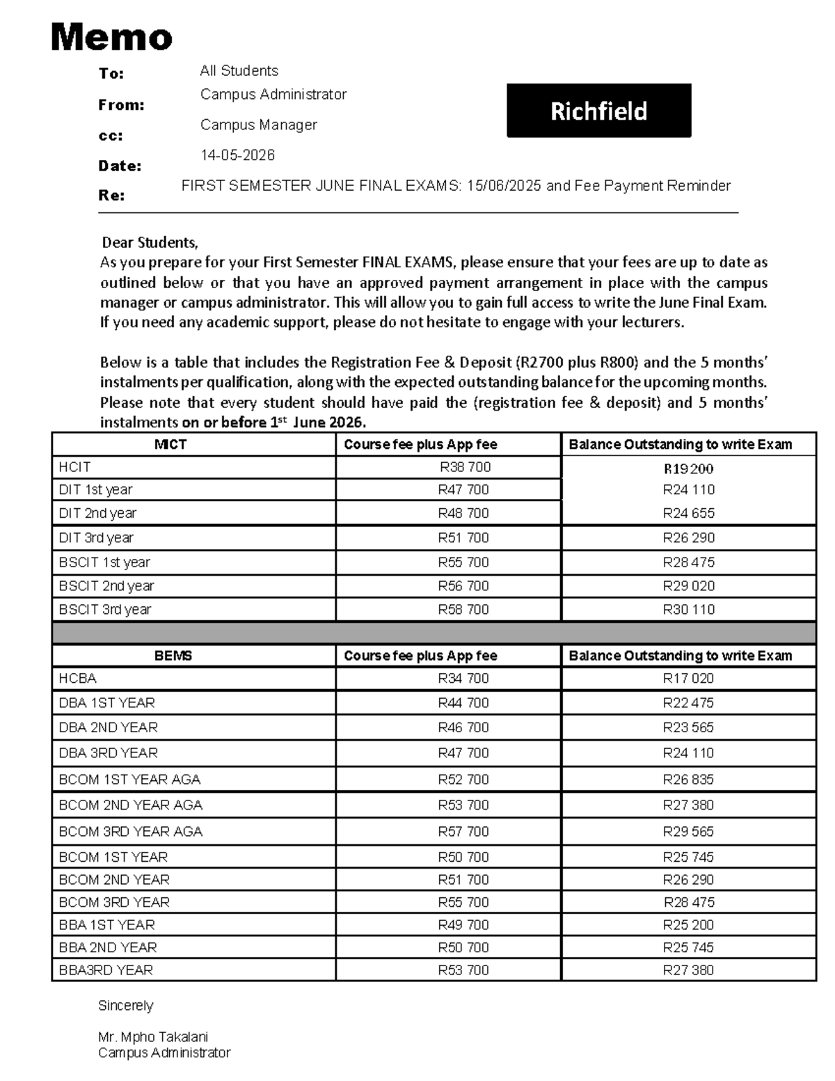 First Semester June Final Exam Fee Payment Reminder - Studocu