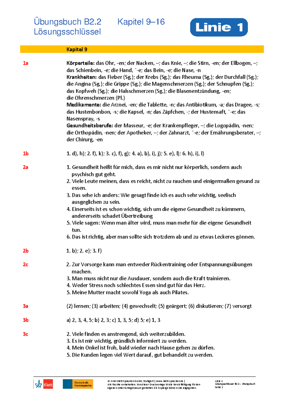 Lösungsschlüssel für Linie 1 B2.2 – Übungsbuch Kapitel 9 bis 12 - Studocu