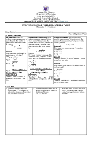 Mathematics 8 - Sample questionnaire - ANTIPOLO INTEGRATED SCHOOL ...