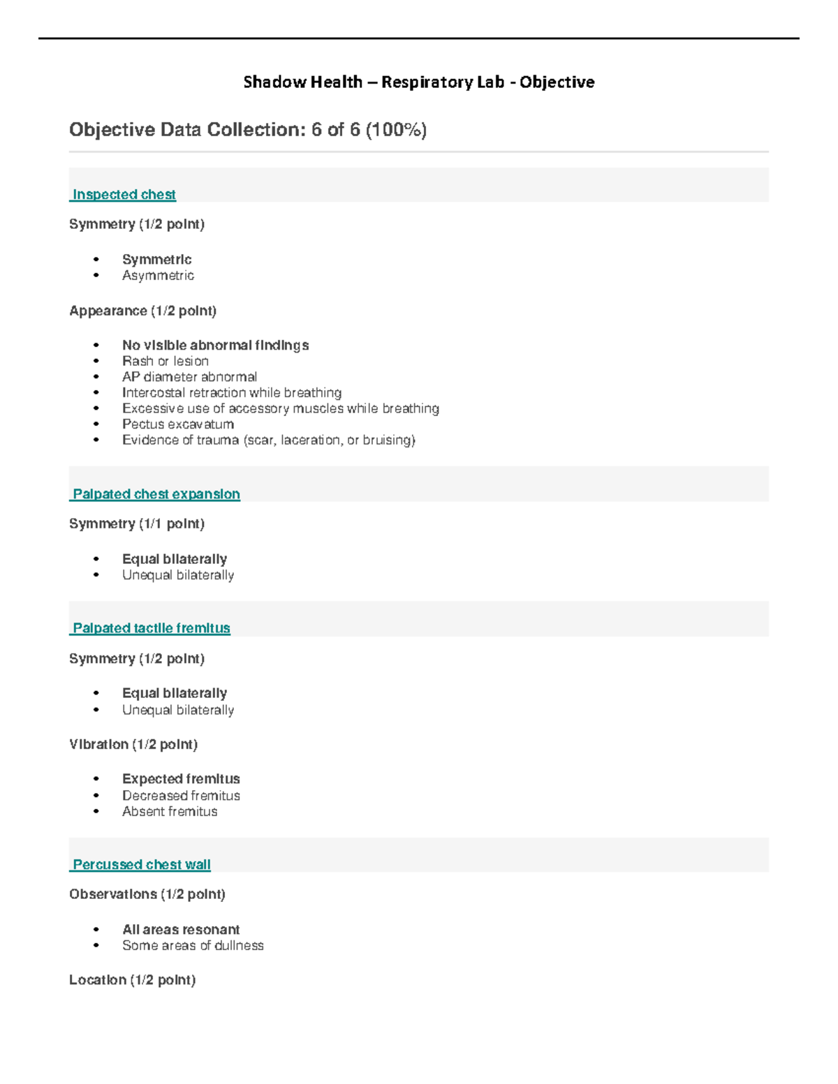 Shadow Health Respiratory Lab: Objective Data Overview - Studocu