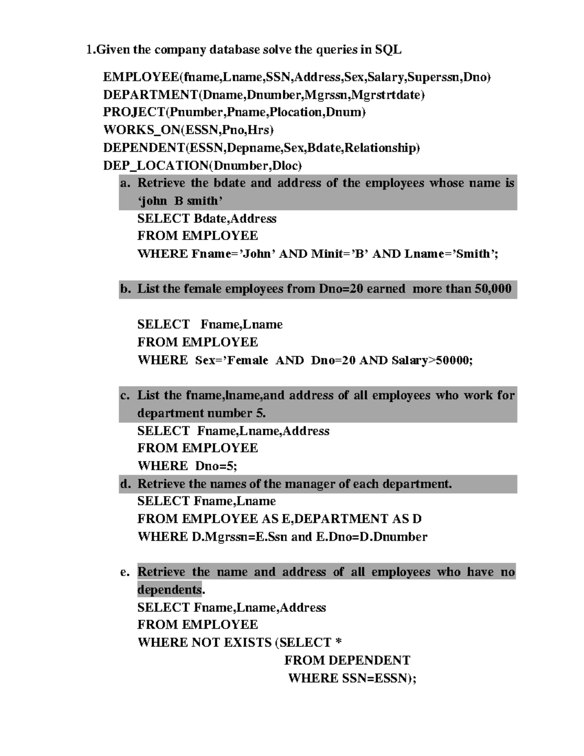 SQL Queries Solutions - EMPLOYEE, DEPARTMENT, PROJECT Database - Studocu