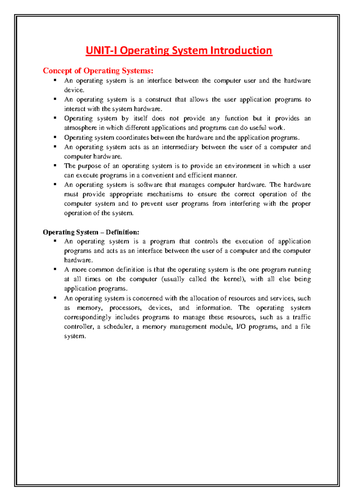 UNIT-1 Notes: Introduction to Operating Systems Concepts - Studocu