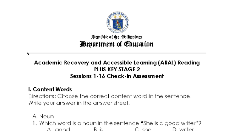 Final Assessment for ARAL Reading PLUS Key Stage 2 Sessions 1-16 - Studocu