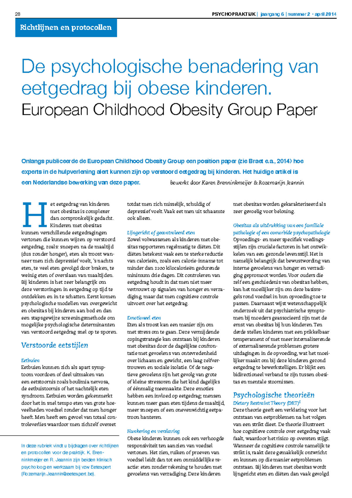 Richtlijnen voor Psychologische Benadering van Eetgedrag bij Obese ...