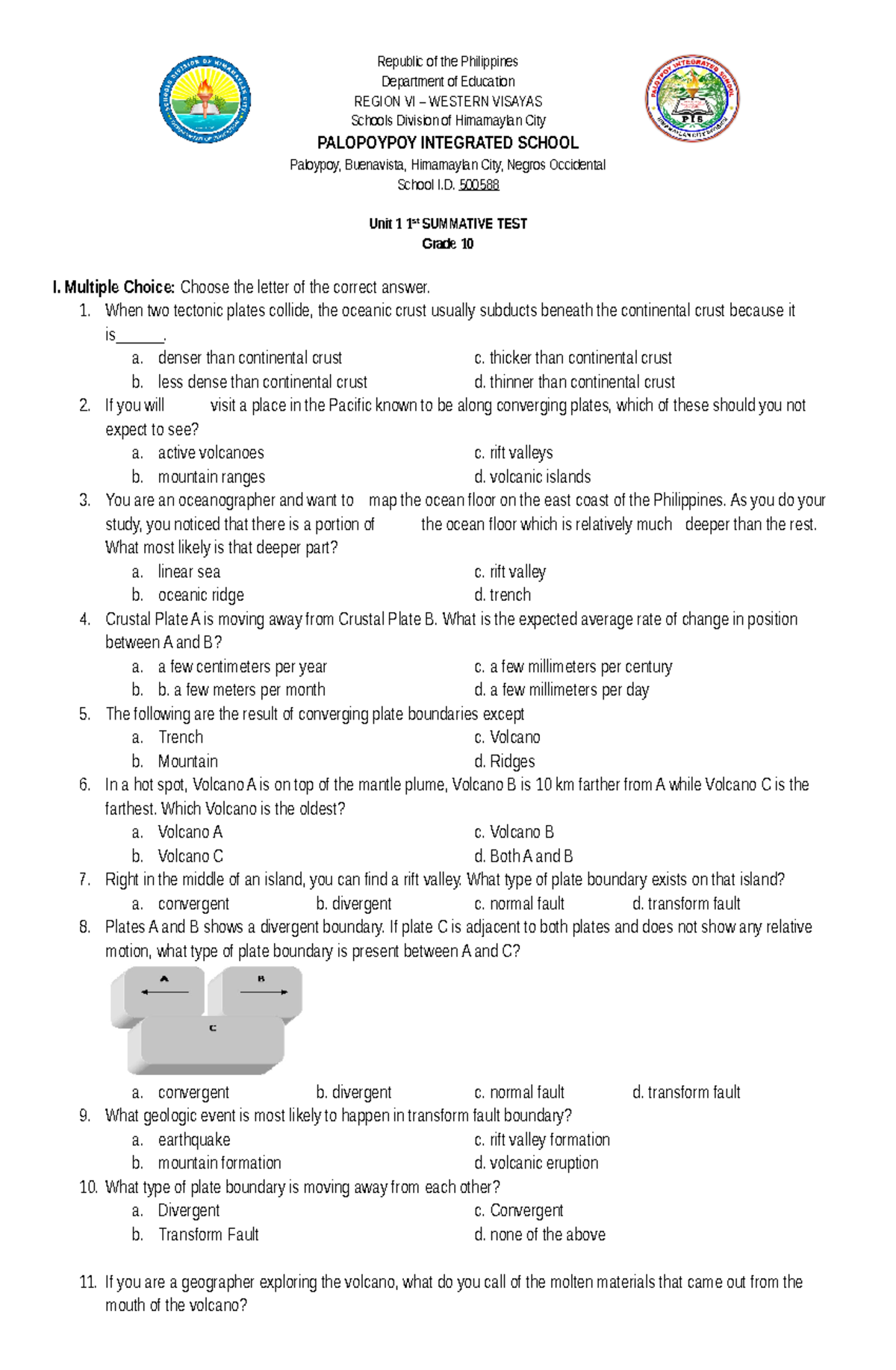Grade 10 Science Unit 1 - Summative Test on Tectonic Plates - Studocu