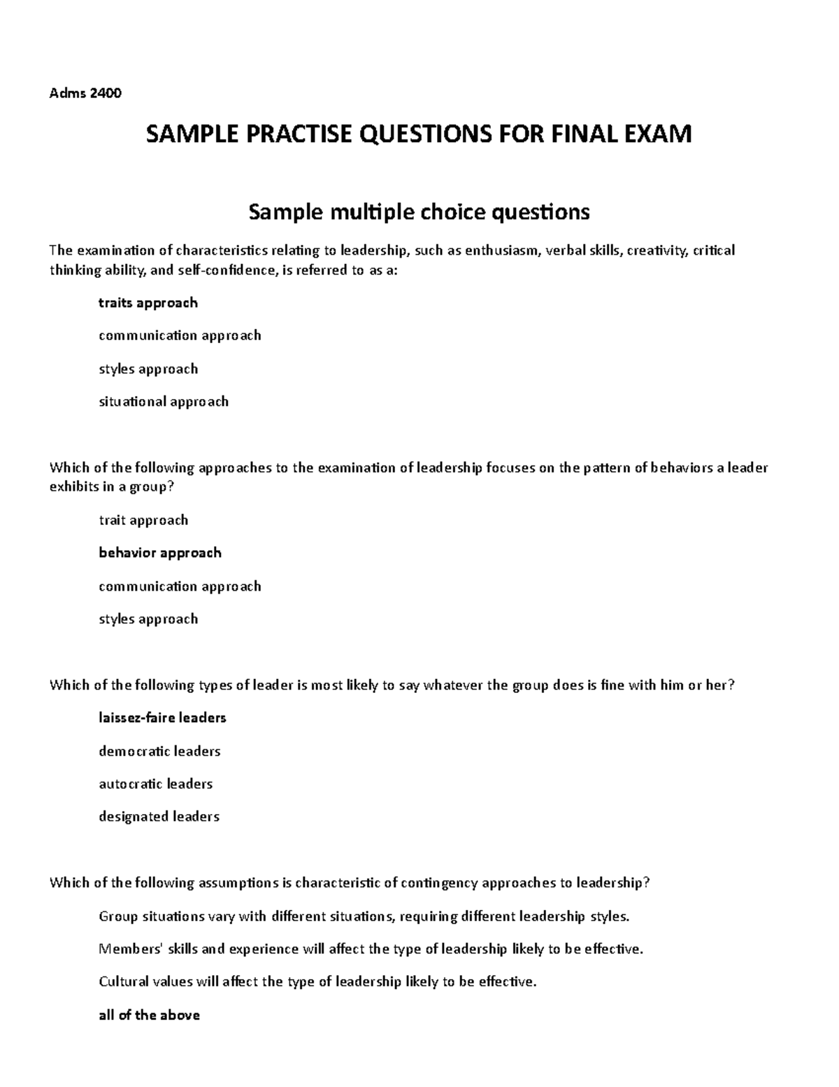 F16. Practise Final EXAM Questions Guidance - Adms 2400 SAMPLE PRACTISE ...