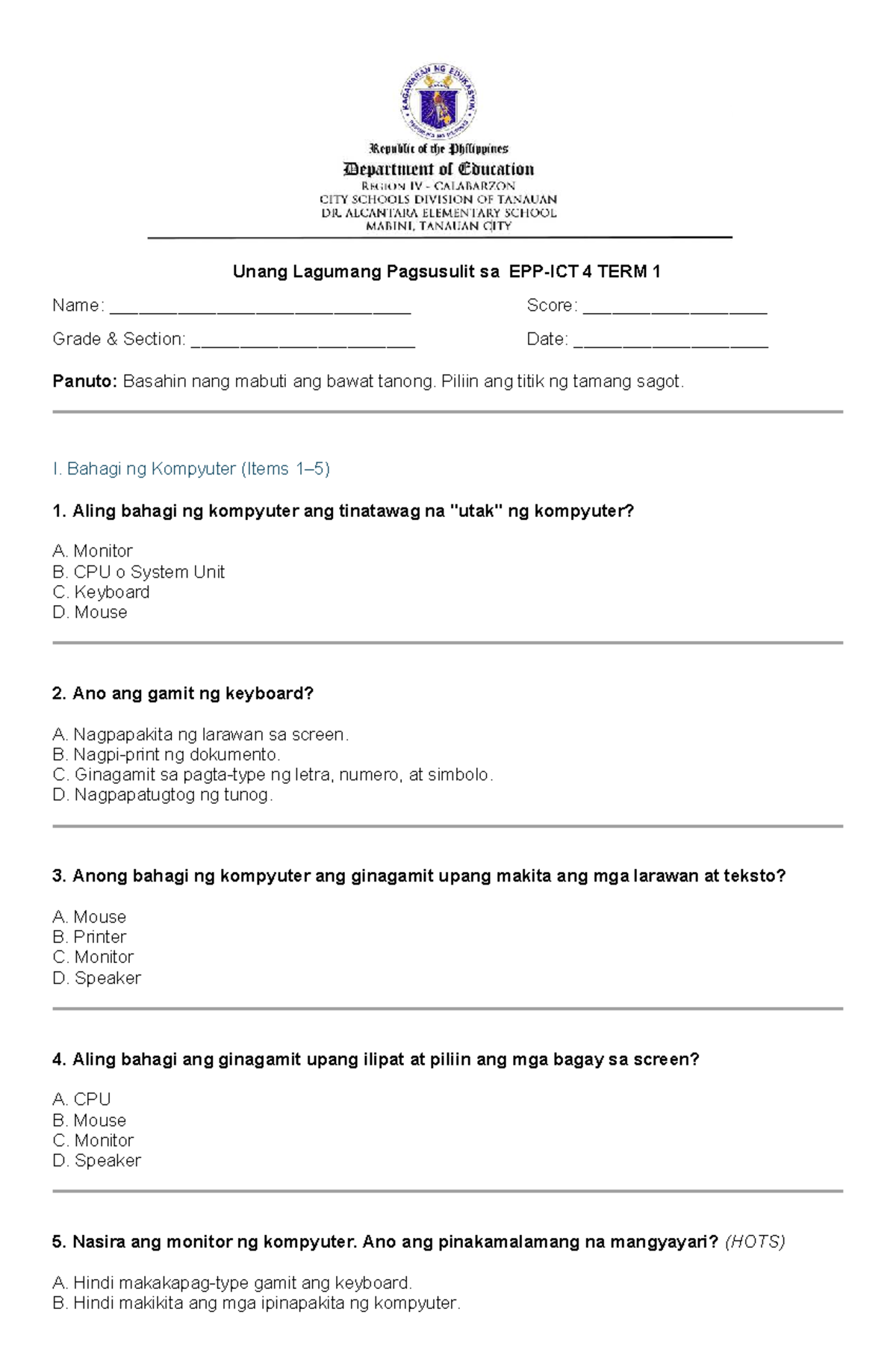 1st Summative Test in EPP (Grade 4) on Computer Parts and Usage - Studocu